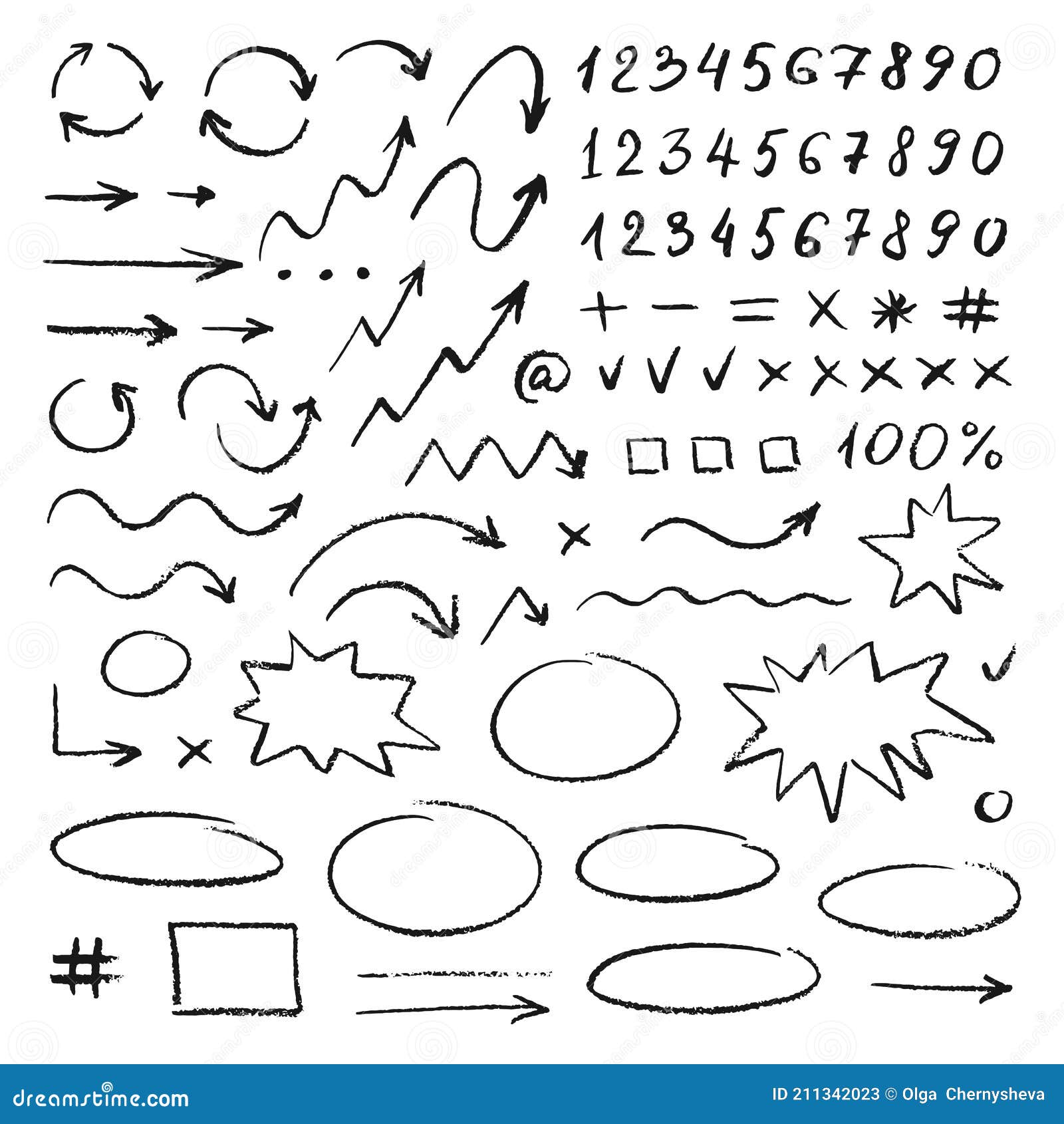 Handwrite Elements on White Background. Numbers, Arrows, Symbols and ...