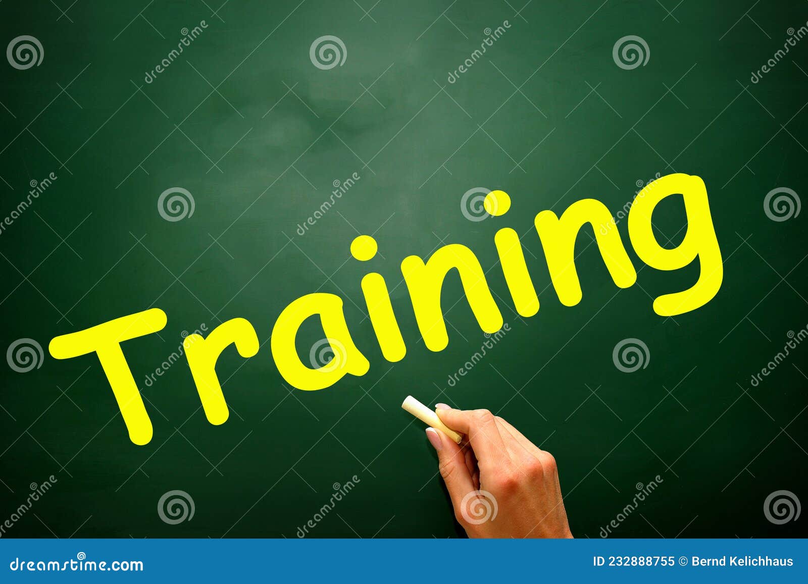 Male Hand Writes in Yellow Chalk the Word Training on a Green ...