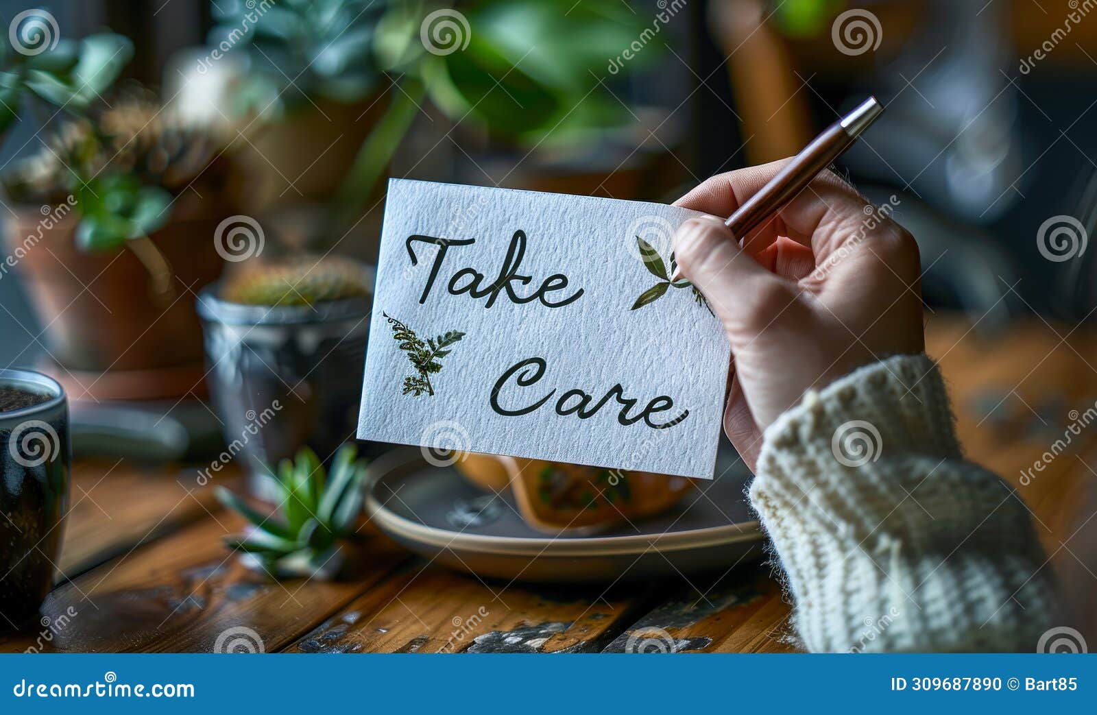 Handwriting a Heartfelt Take Care Message on a Plain White Card, a ...