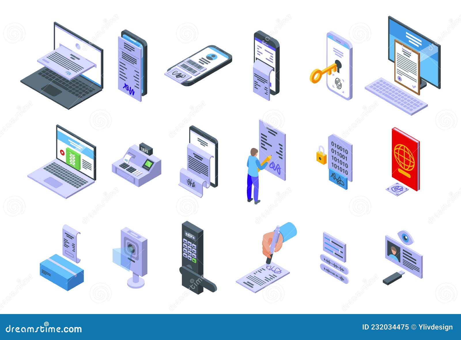 Handwriting Identification Icons Set Isometric Vector Access Approve