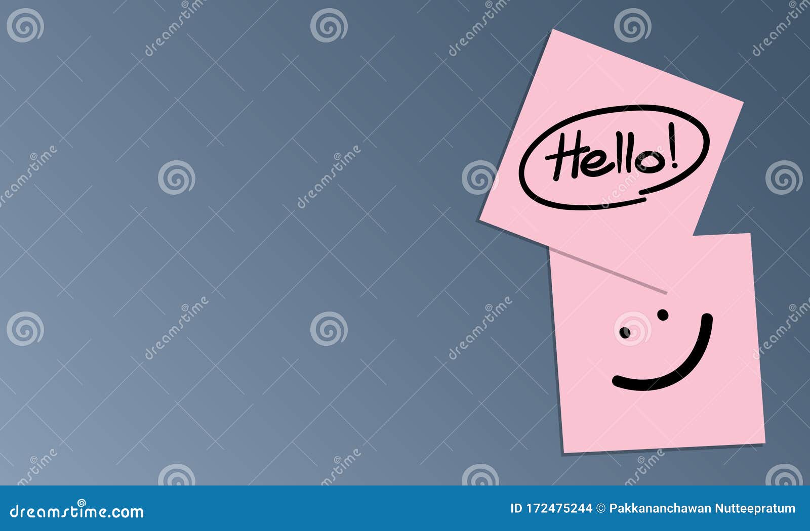 Handwriting of Message Hello and Smile Face on Pink Sticky Note on Blue ...