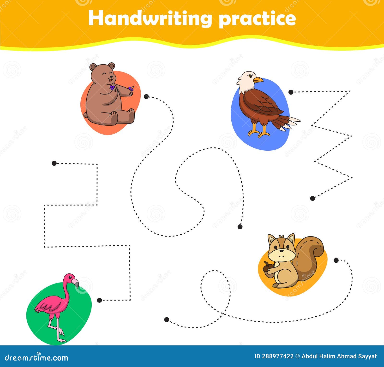 Handwriting Practice Sheet with Vector Illustration of Cute Animals ...