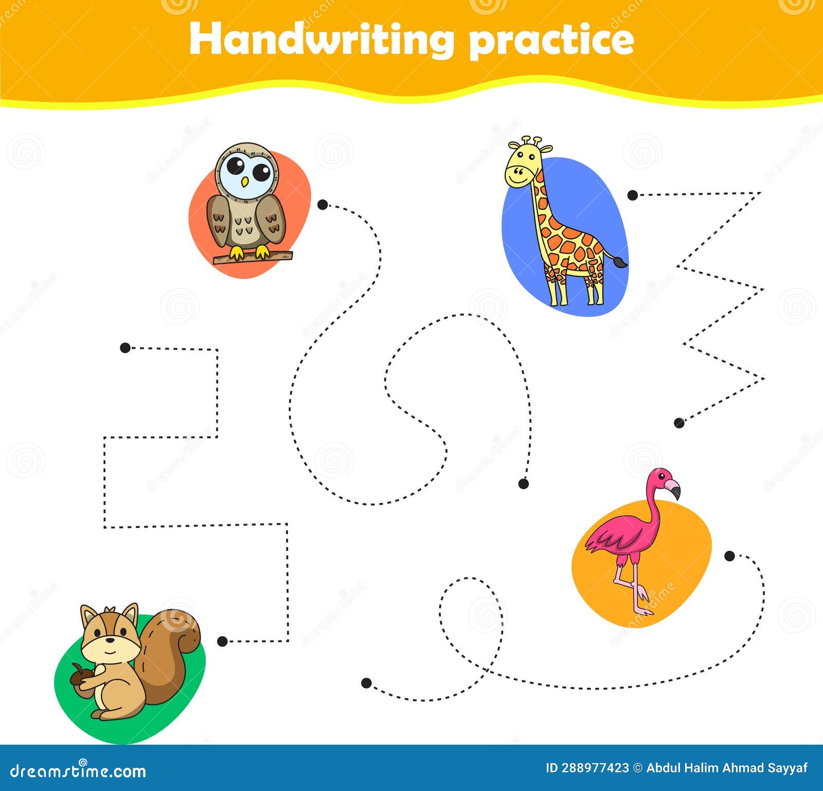 Handwriting Practice Sheet with Vector Illustration of Cute Animals ...