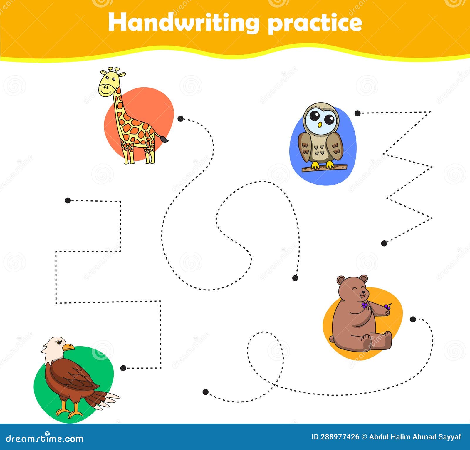 Handwriting Practice Sheet with Vector Illustration of Cute Animals ...