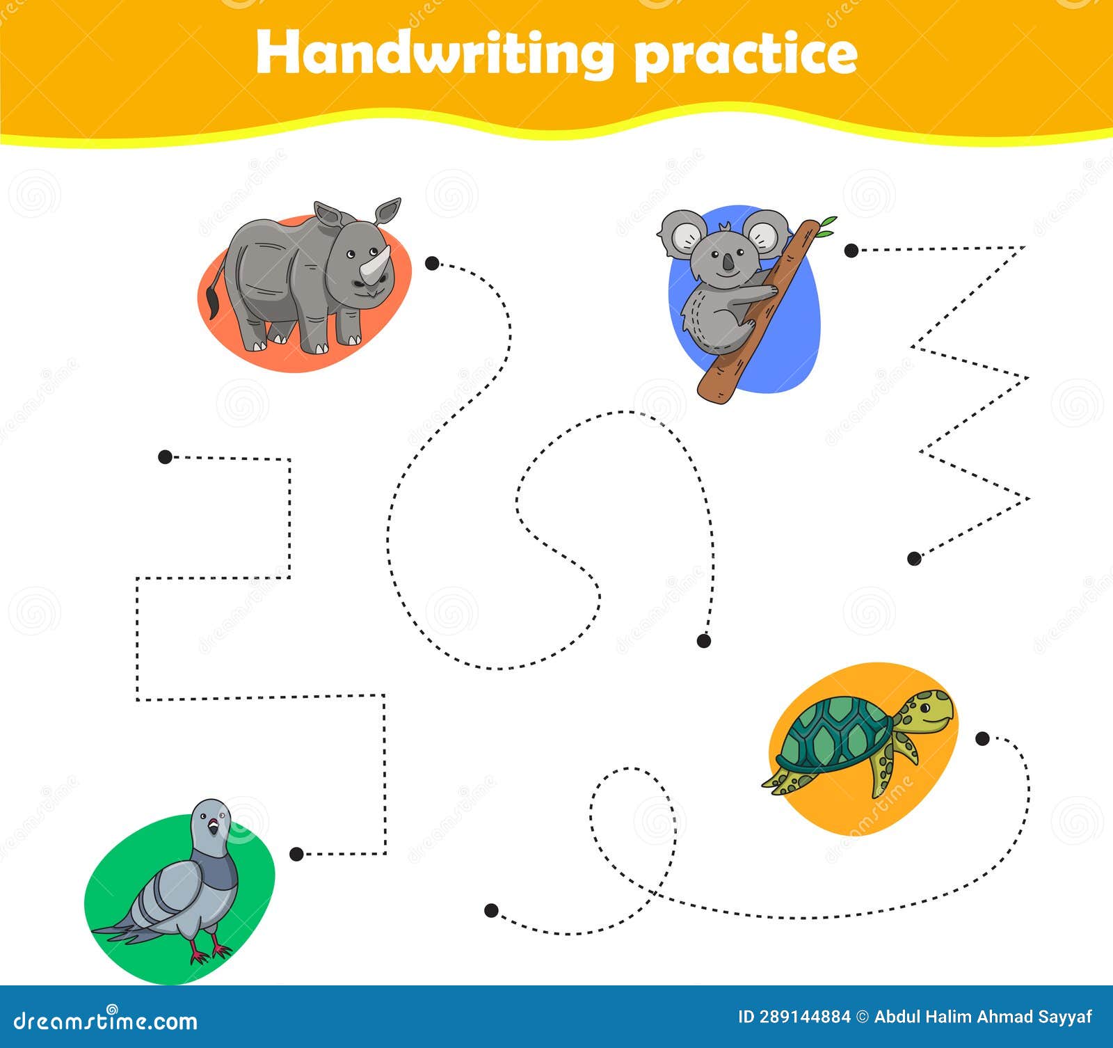Handwriting Practice Sheet with Vector Illustration of Cute Animals ...
