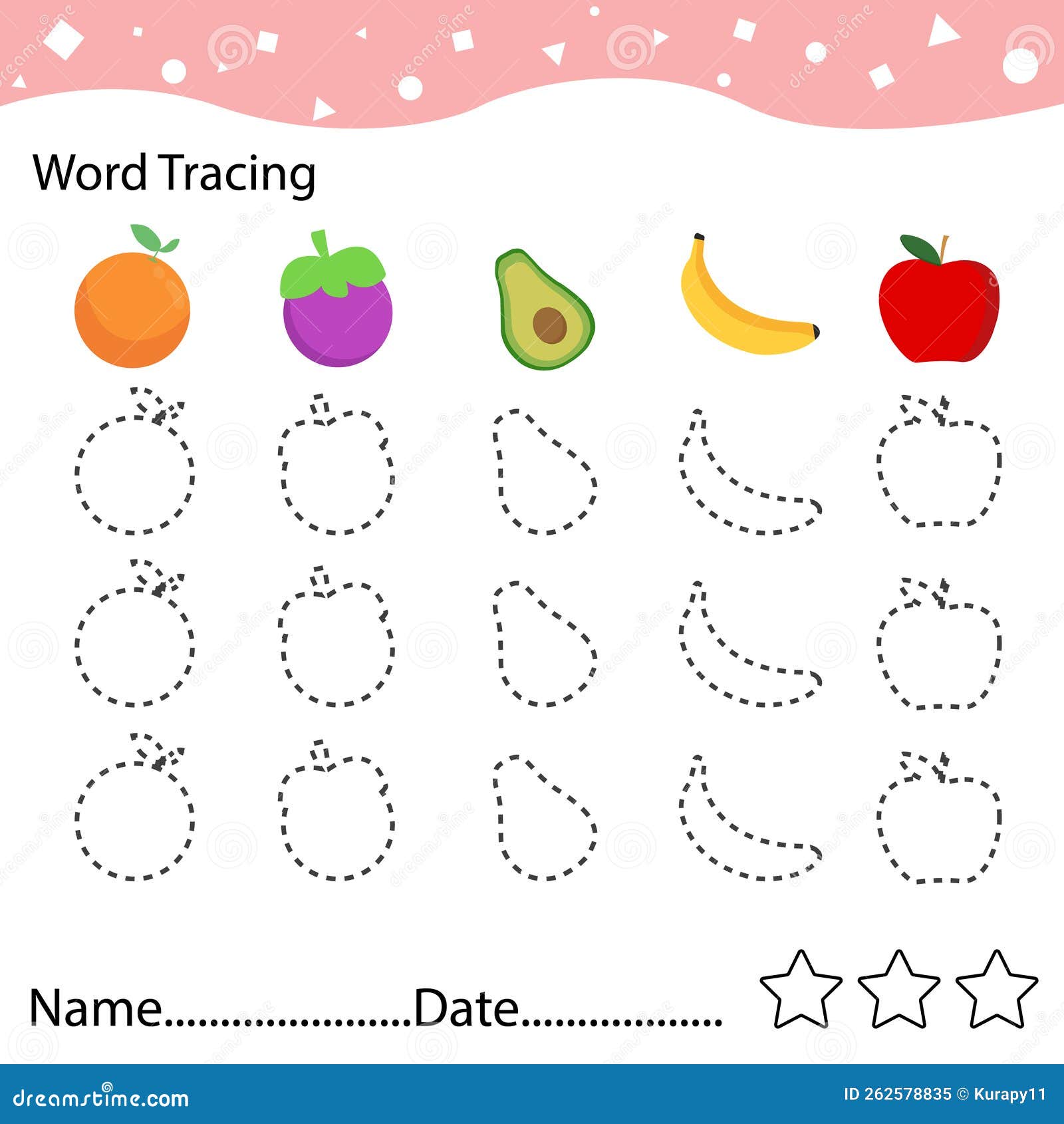 Handwriting Practice Sheet with Banana, Grape, Mangosteen, Apple ...