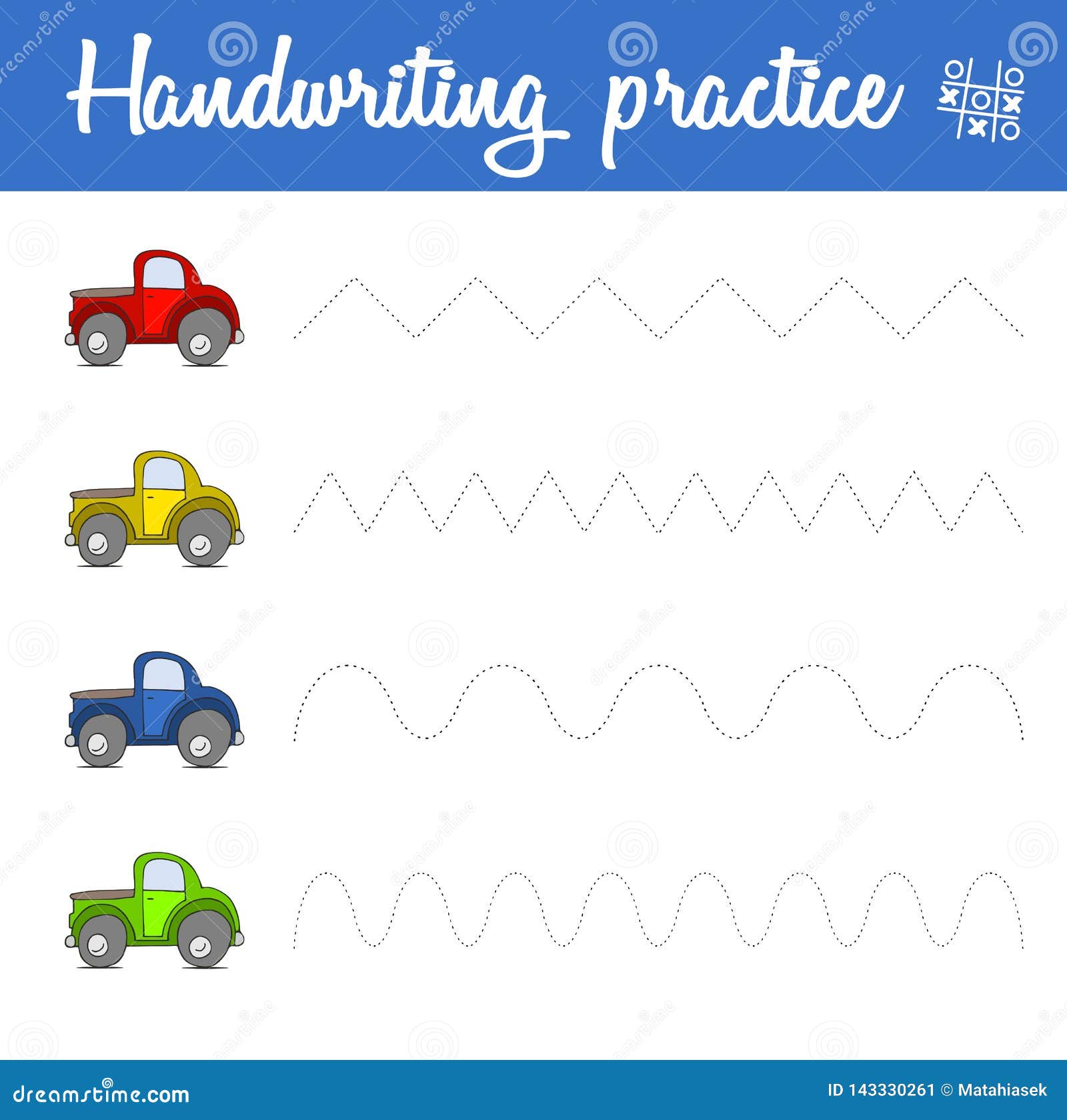 Handwriting Practice Sheet with Cars. Train Basic Writing Skills Stock ...