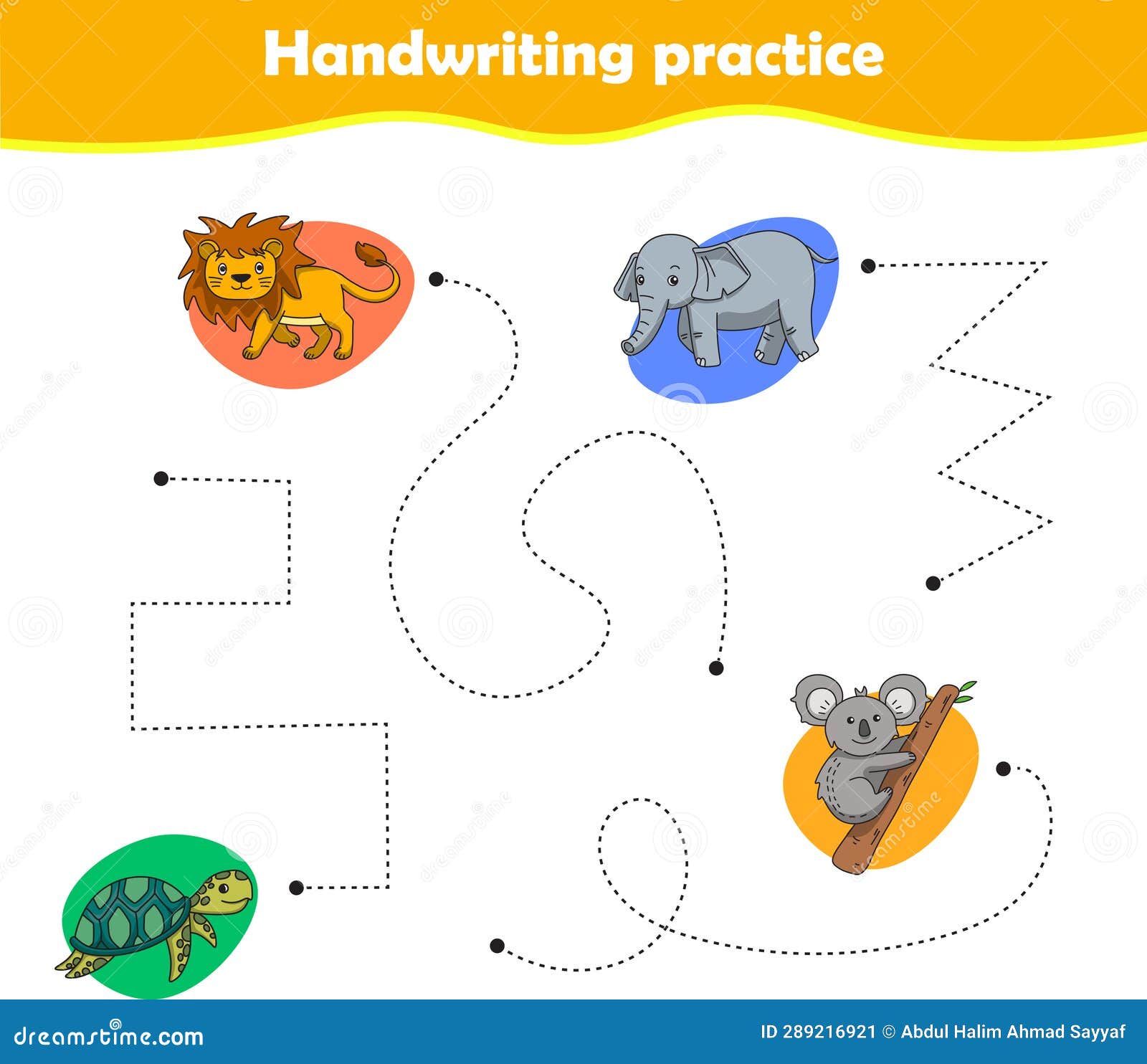 Handwriting Practice Sheet with Vector Illustration of Cute Animals ...