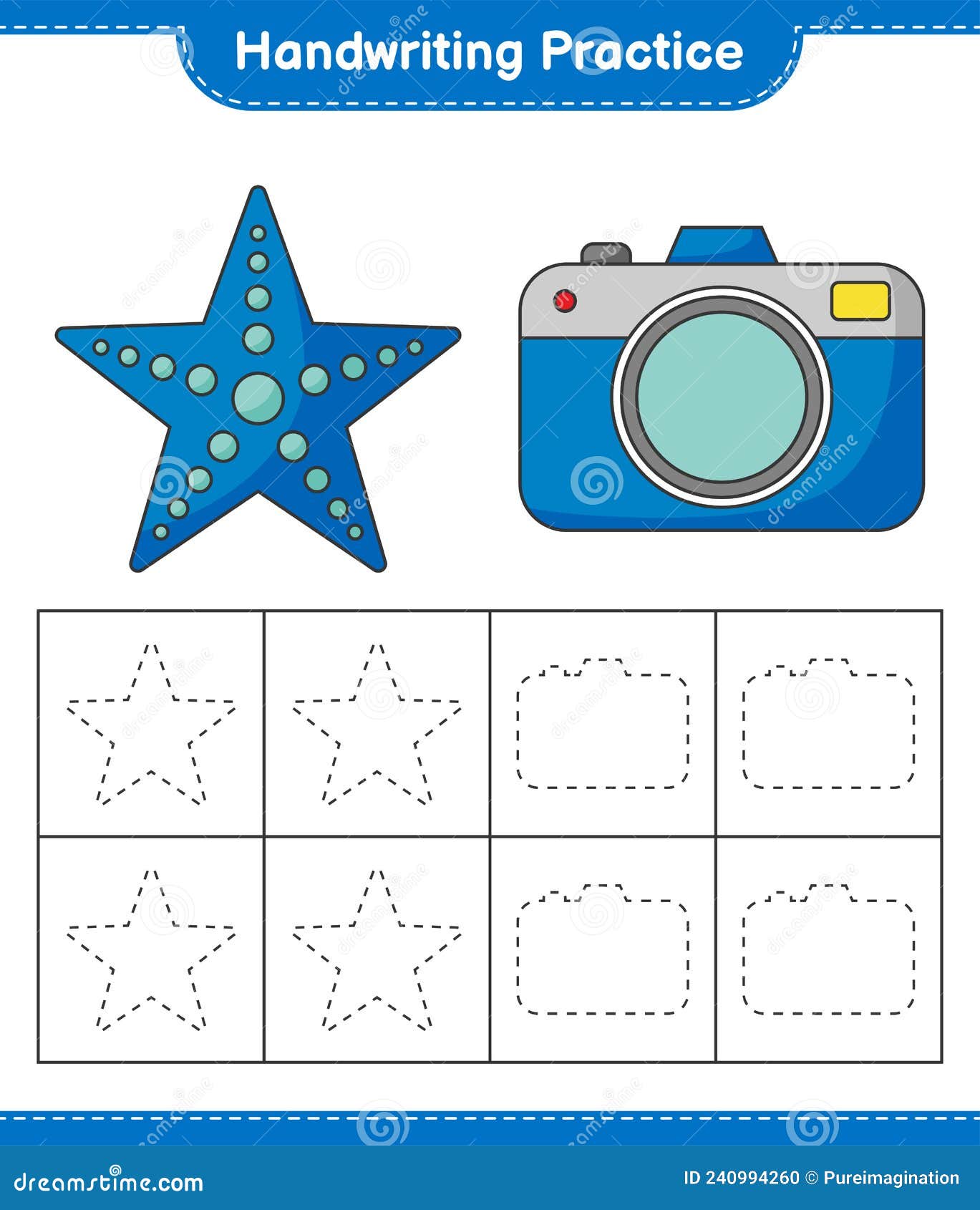 Handwriting Practice. Tracing Lines of Starfish and Camera Stock Vector ...