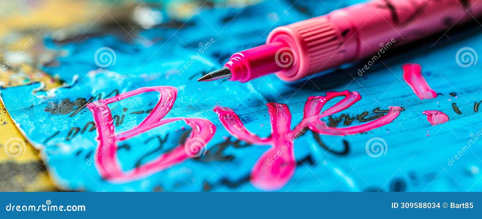 Handwritten Bye! Farewell Message on a Yellow Sticky Note with Pink ...