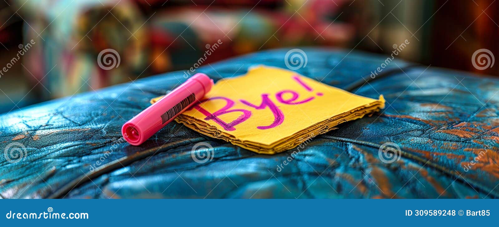 Handwritten Bye! Farewell Message on a Yellow Sticky Note with Pink ...