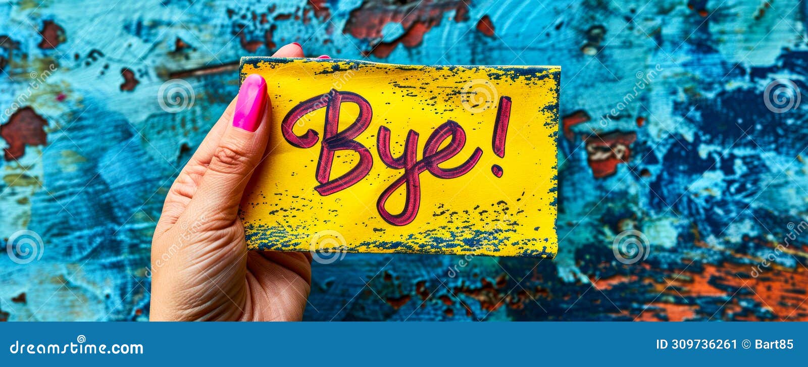 Handwritten Bye! Farewell Message on a Yellow Sticky Note with Pink ...