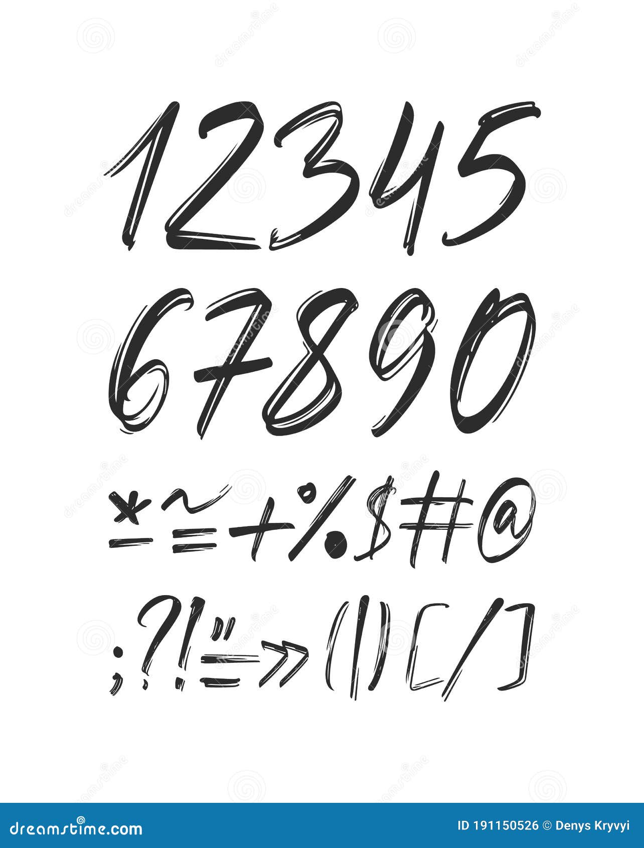 Handwritten Calligraphic Numbers with Punctuation on White Background ...