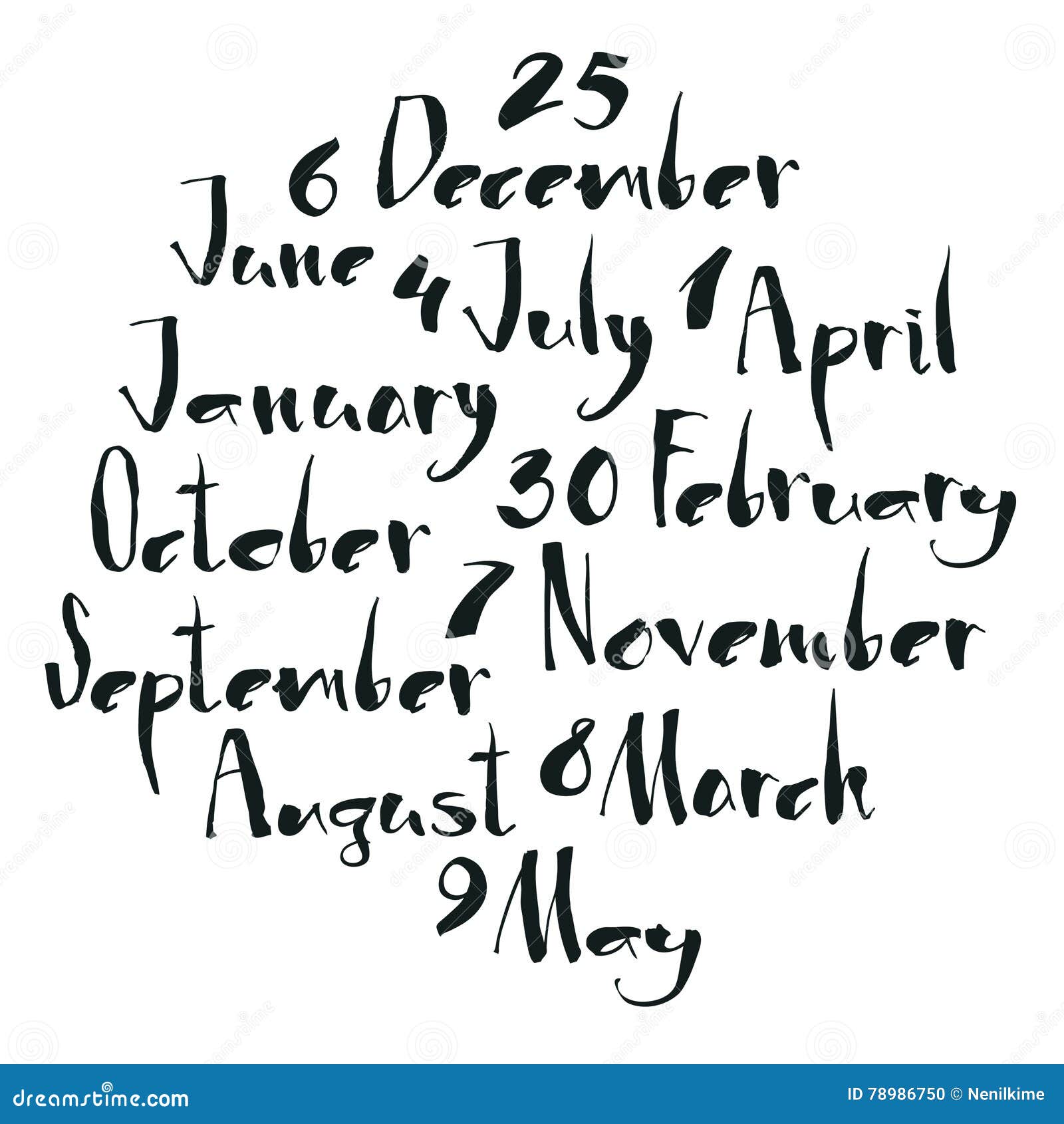 Handwritten Calligraphy Names of Months and Numbers Stock Vector ...