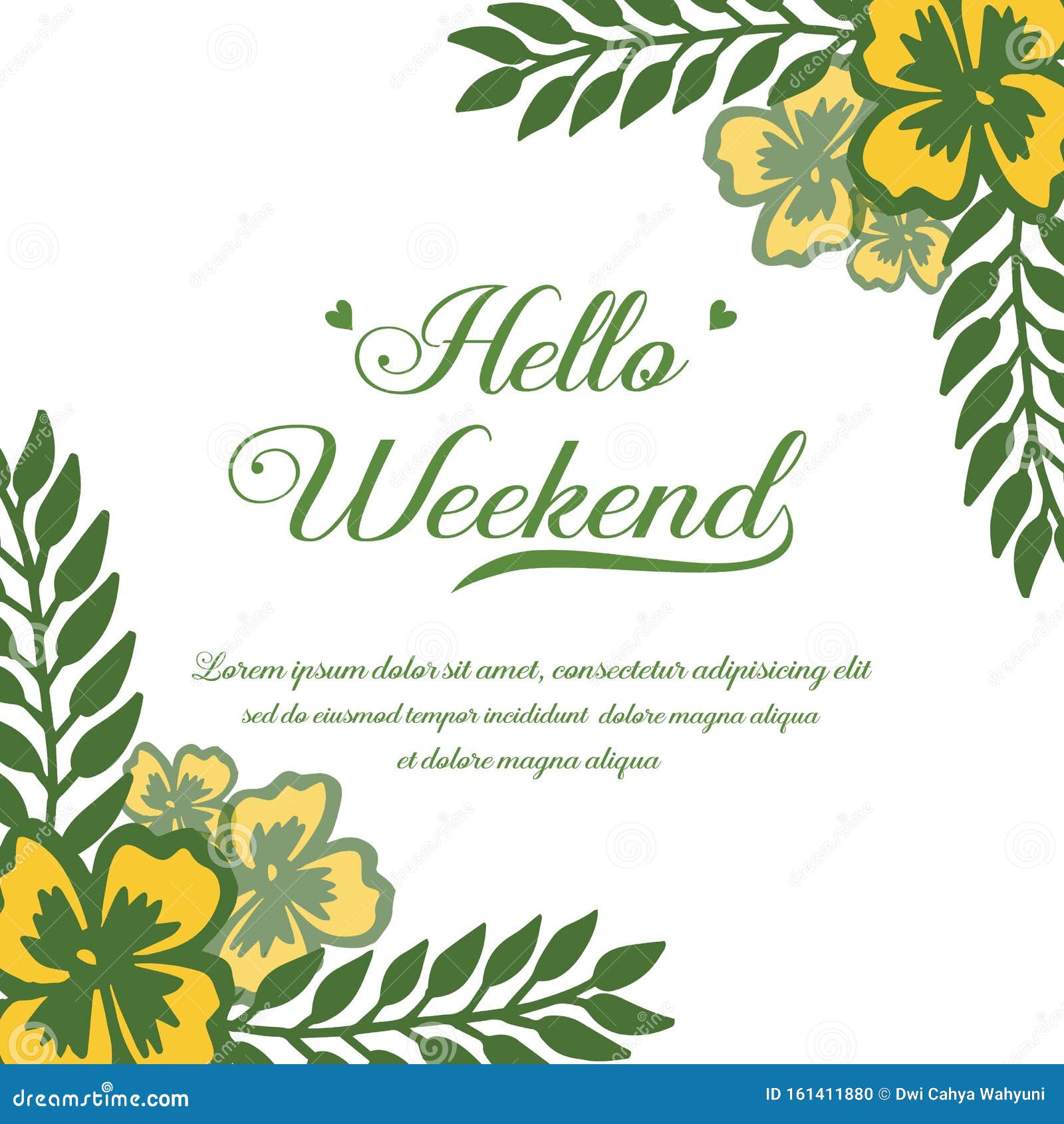 Handwritten Hello Weekend, with Modern Yellow Flower Frame. Vector ...