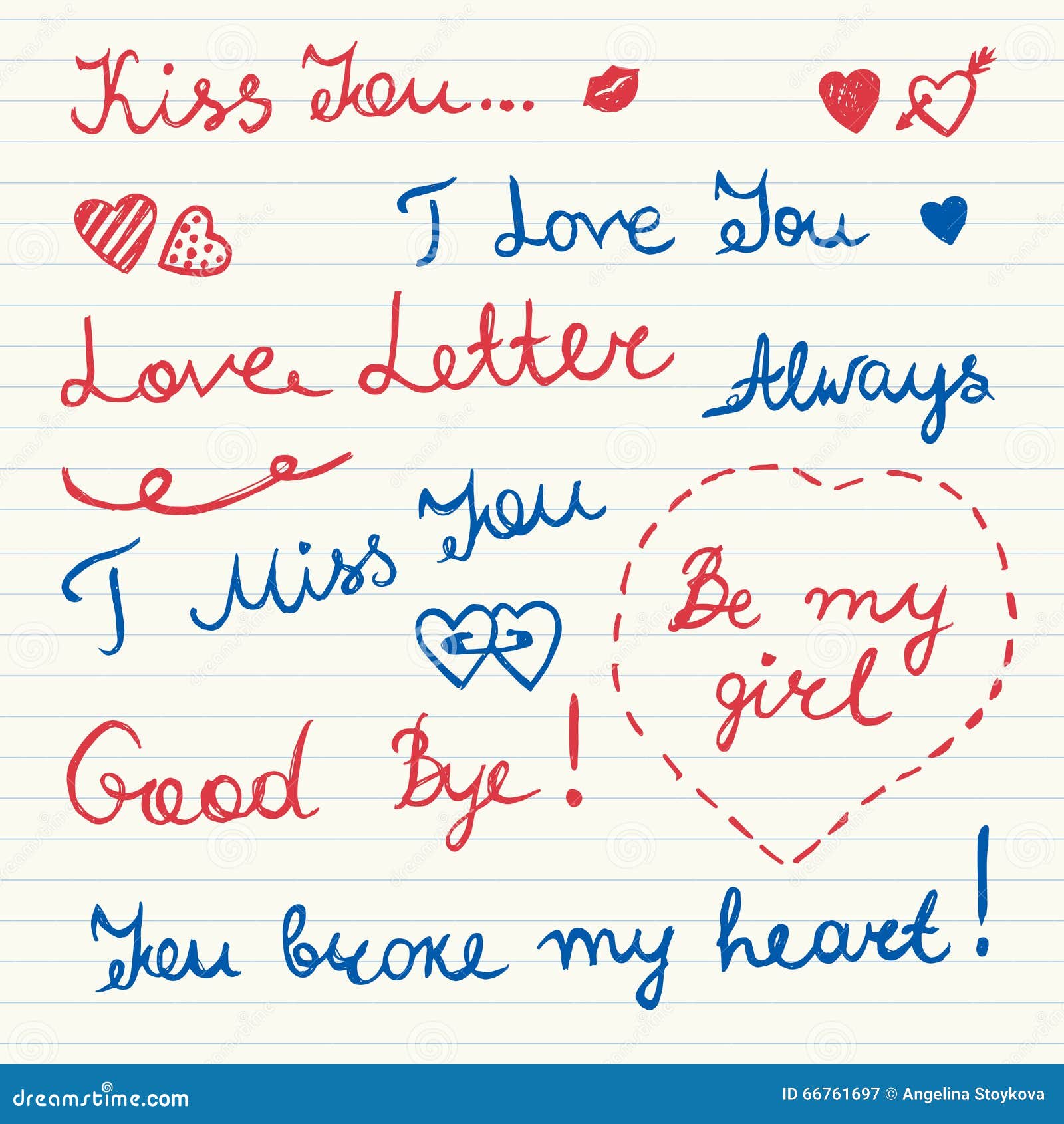 Handwritten Love Messages and Hearts Set Stock Vector - Illustration of ...