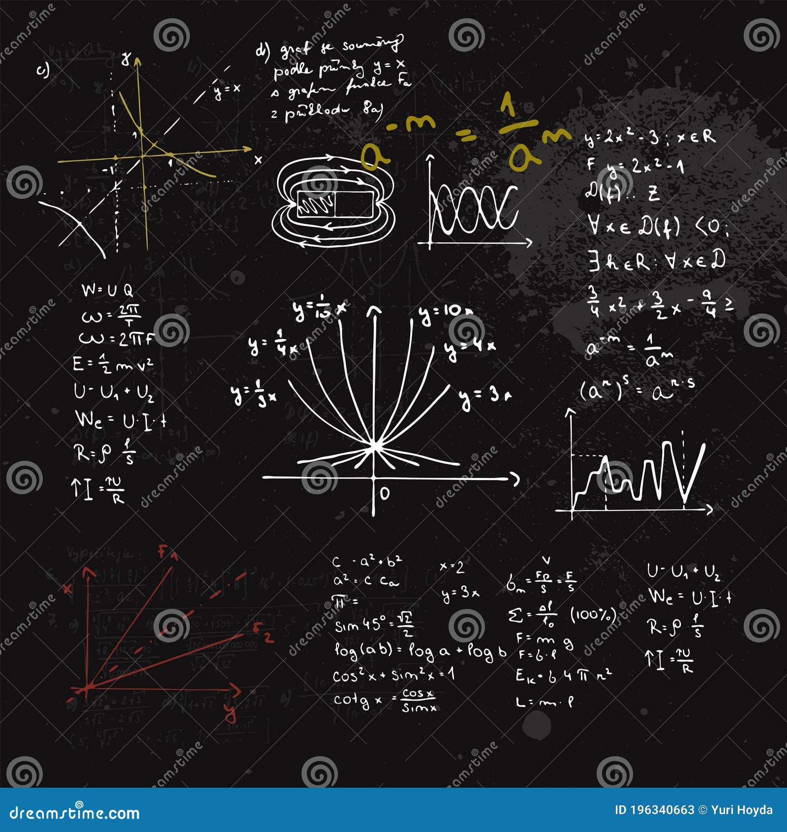 Handwritten Mathematical Formulas and Graphs. Blackboard with ...