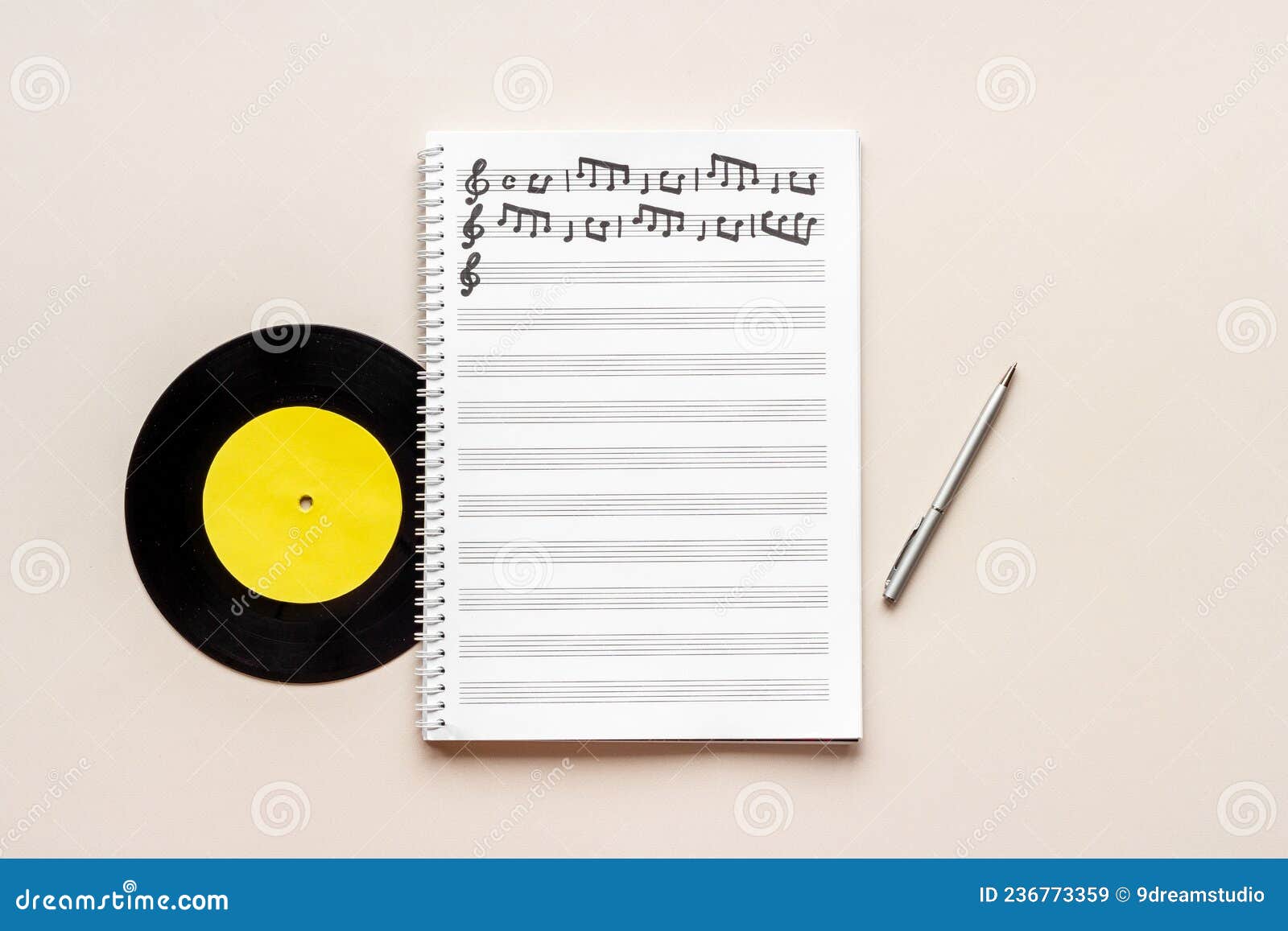 Handwritten Music Sheets and Vinyl Record, Top View. Compose Music ...