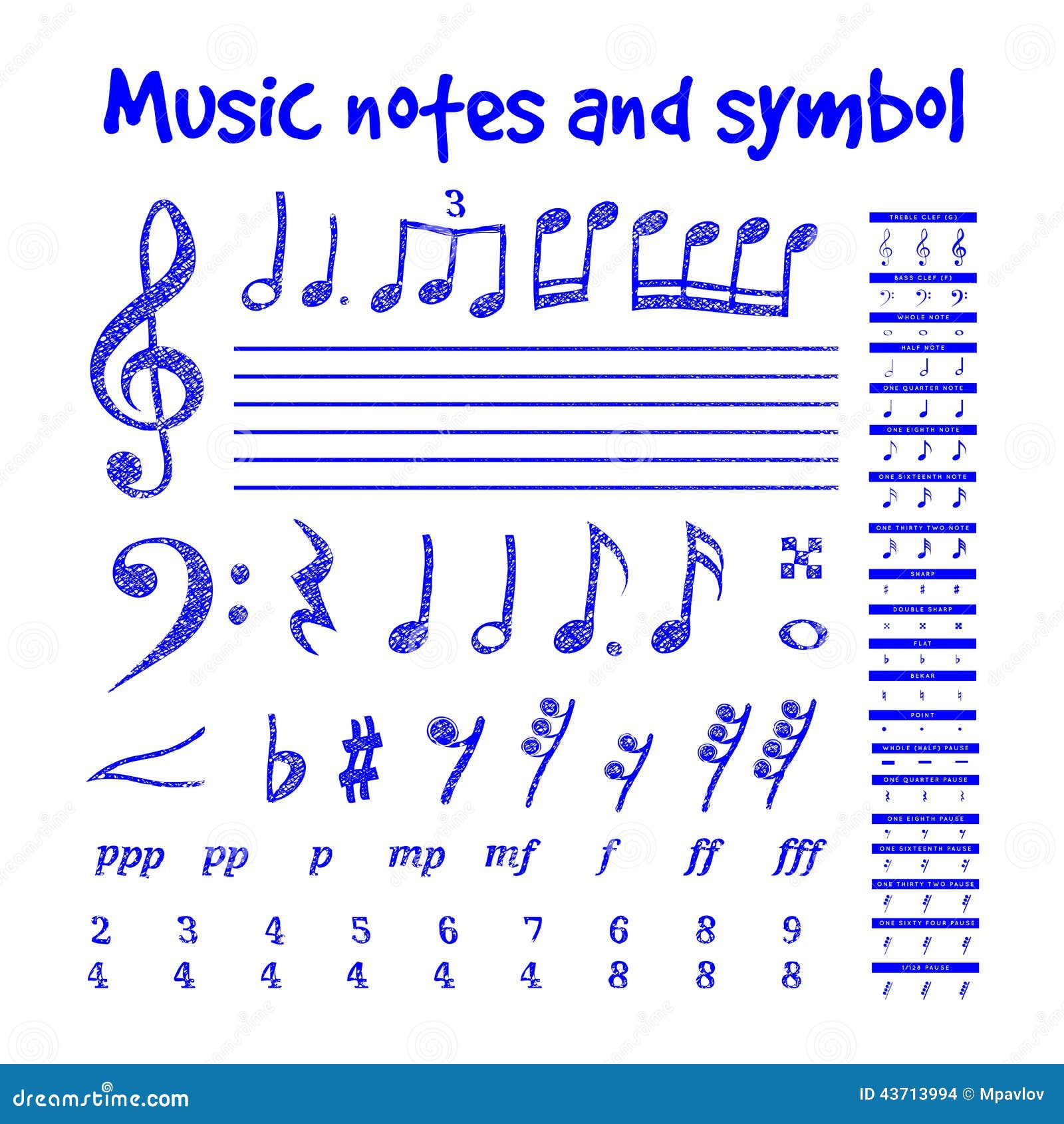Handwritten musical notes stock vector. Illustration of clef - 43713994