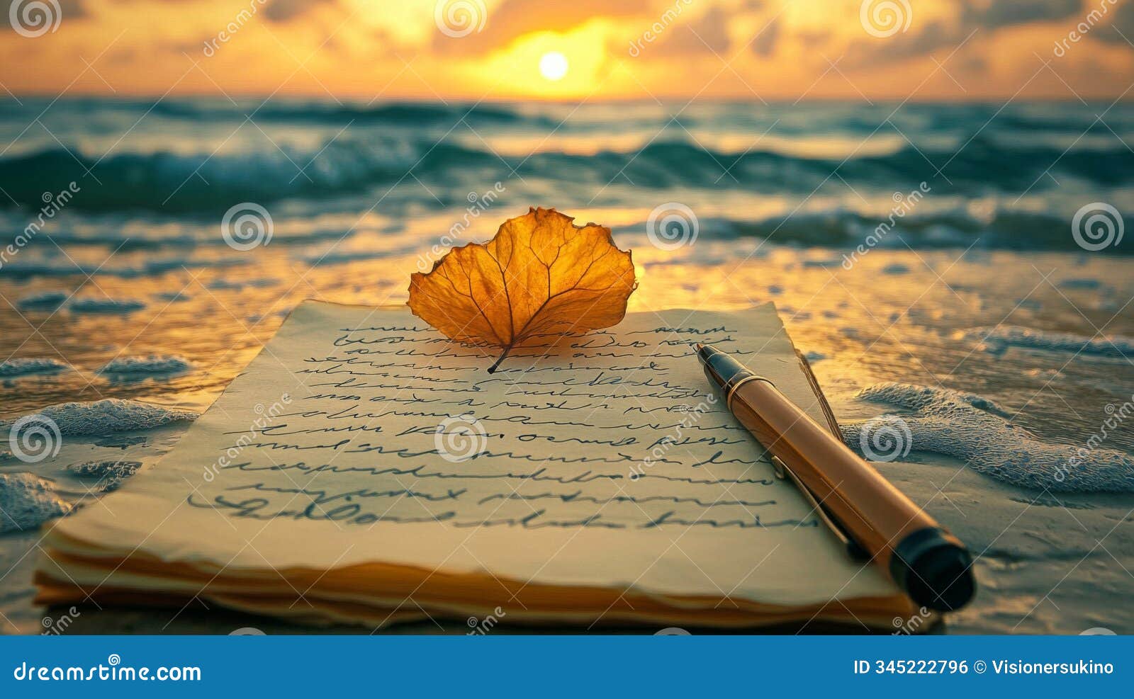 A Handwritten Note on the Beach at Sunset with a Leaf and Pen Stock ...