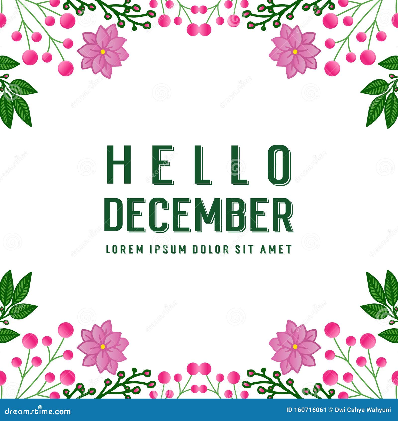 Handwritten Text Hello December, with Green Leafy Flower Frame. Vector ...
