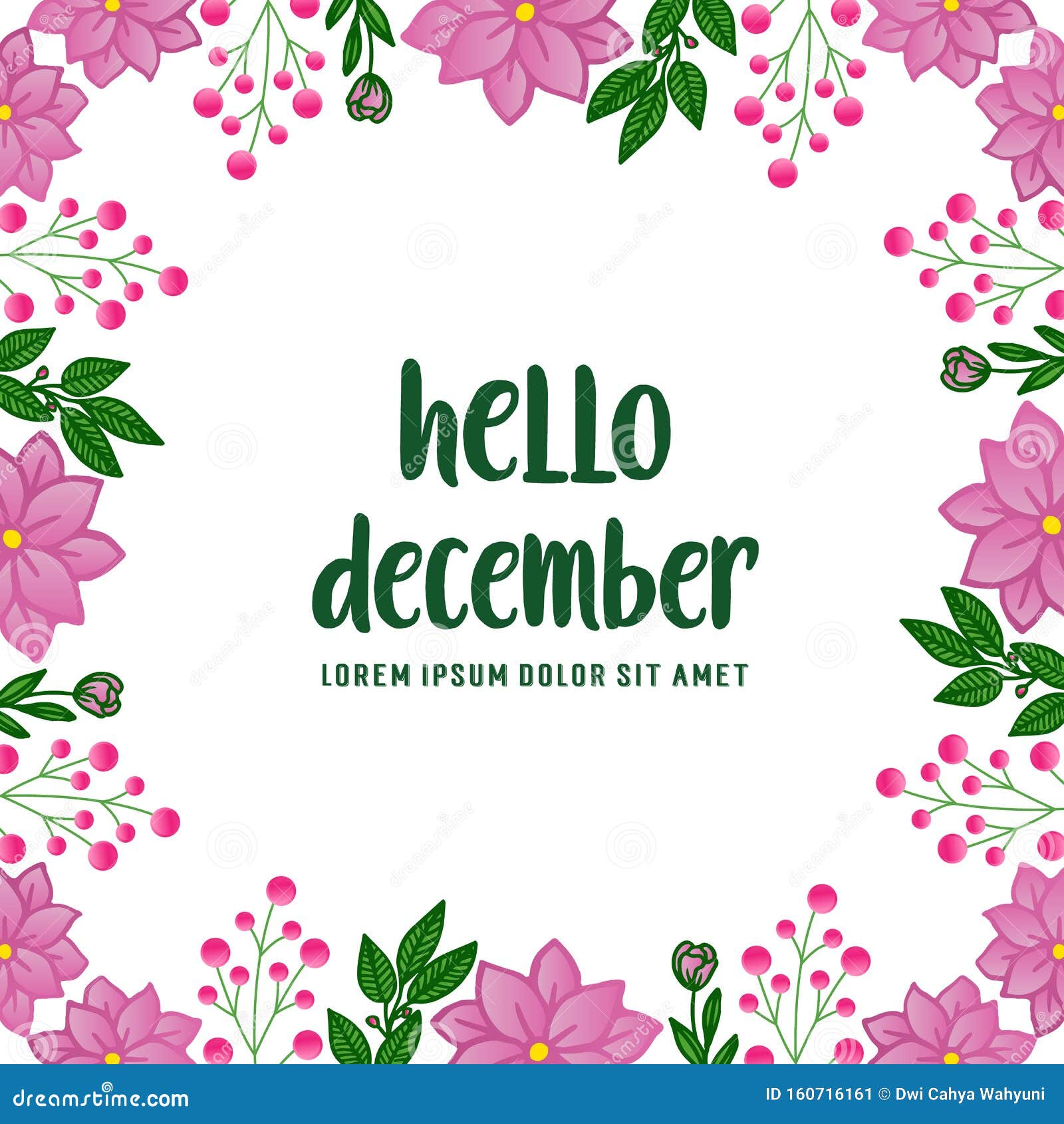 Handwritten Text Hello December, with Green Leafy Flower Frame. Vector ...
