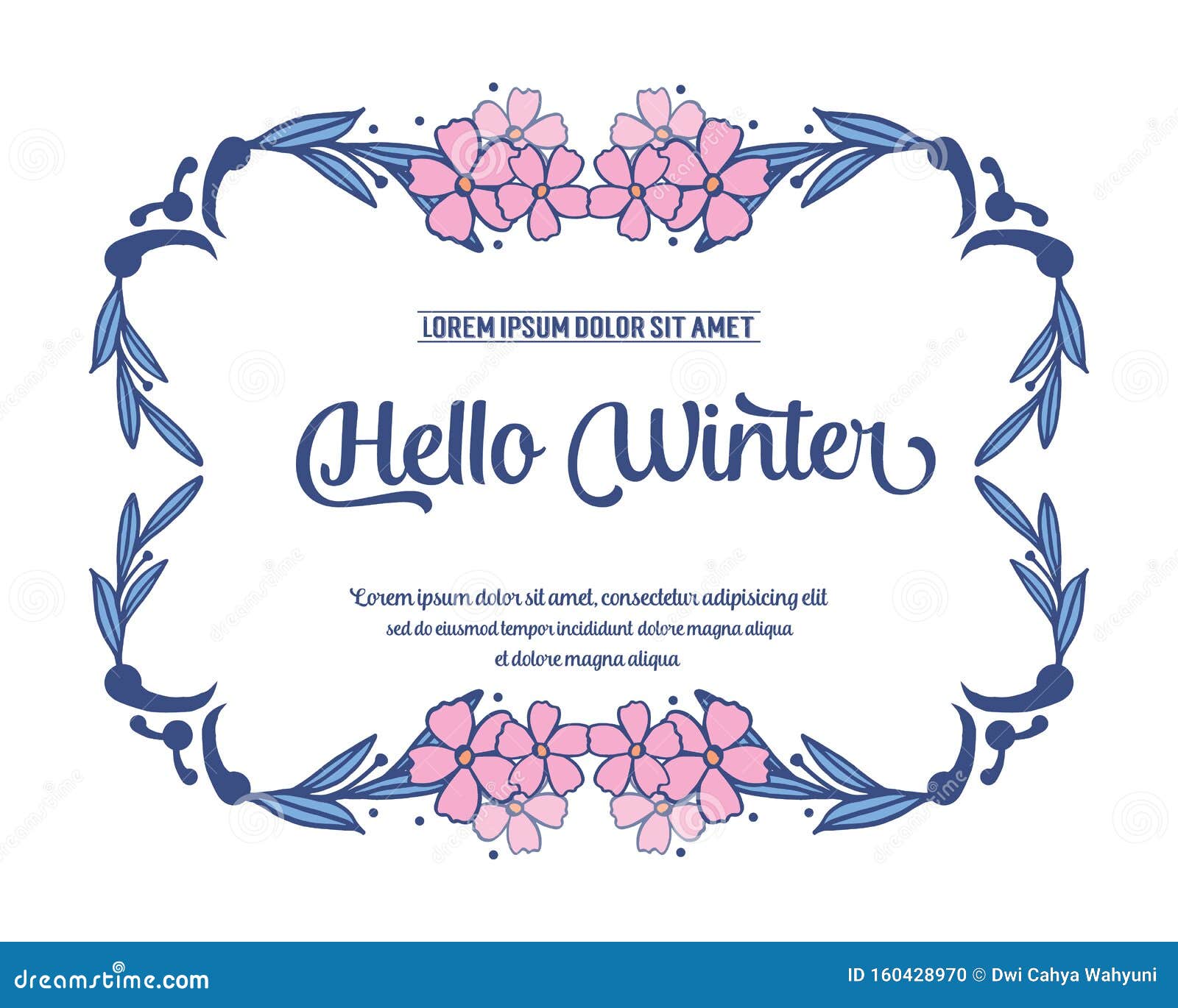 Handwritten Text of Hello Winter, with Artwork of Blue Leafy Flower ...