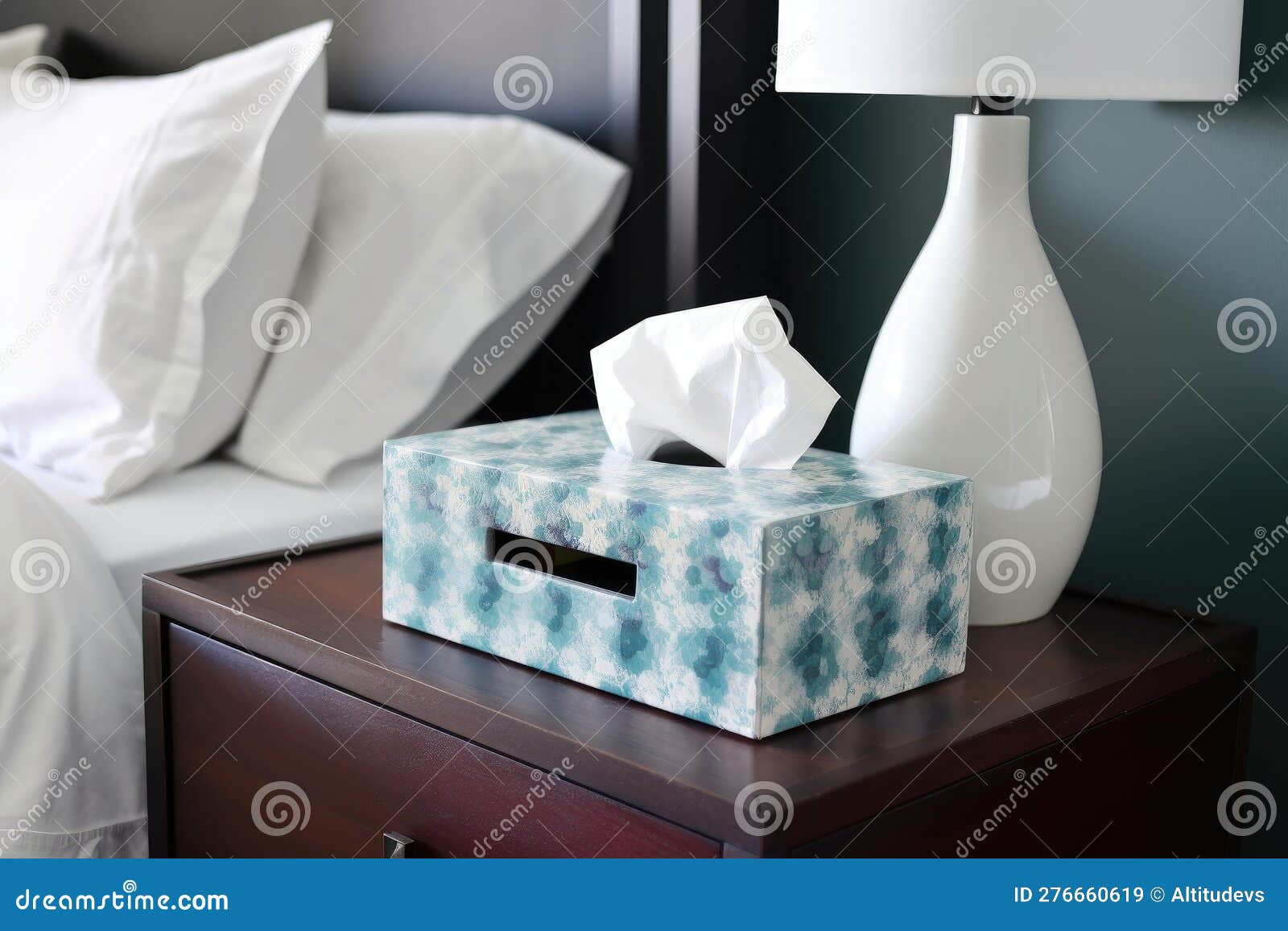 Handy Tissue Box with Tissues and Nasal Spray on Nightstand Stock Image ...