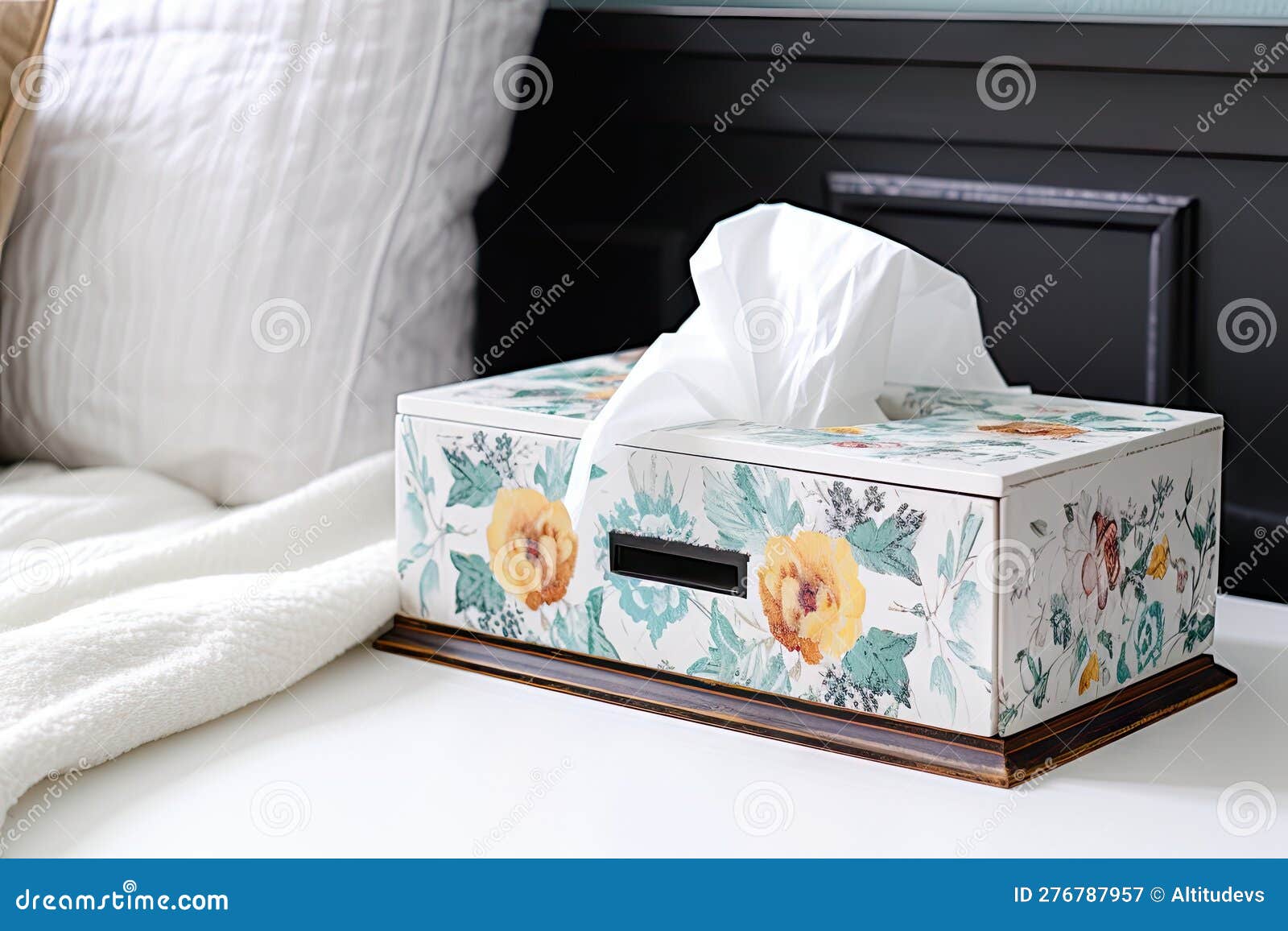 Handy Tissue Box with Tissues and Nasal Spray on Nightstand Stock Image ...