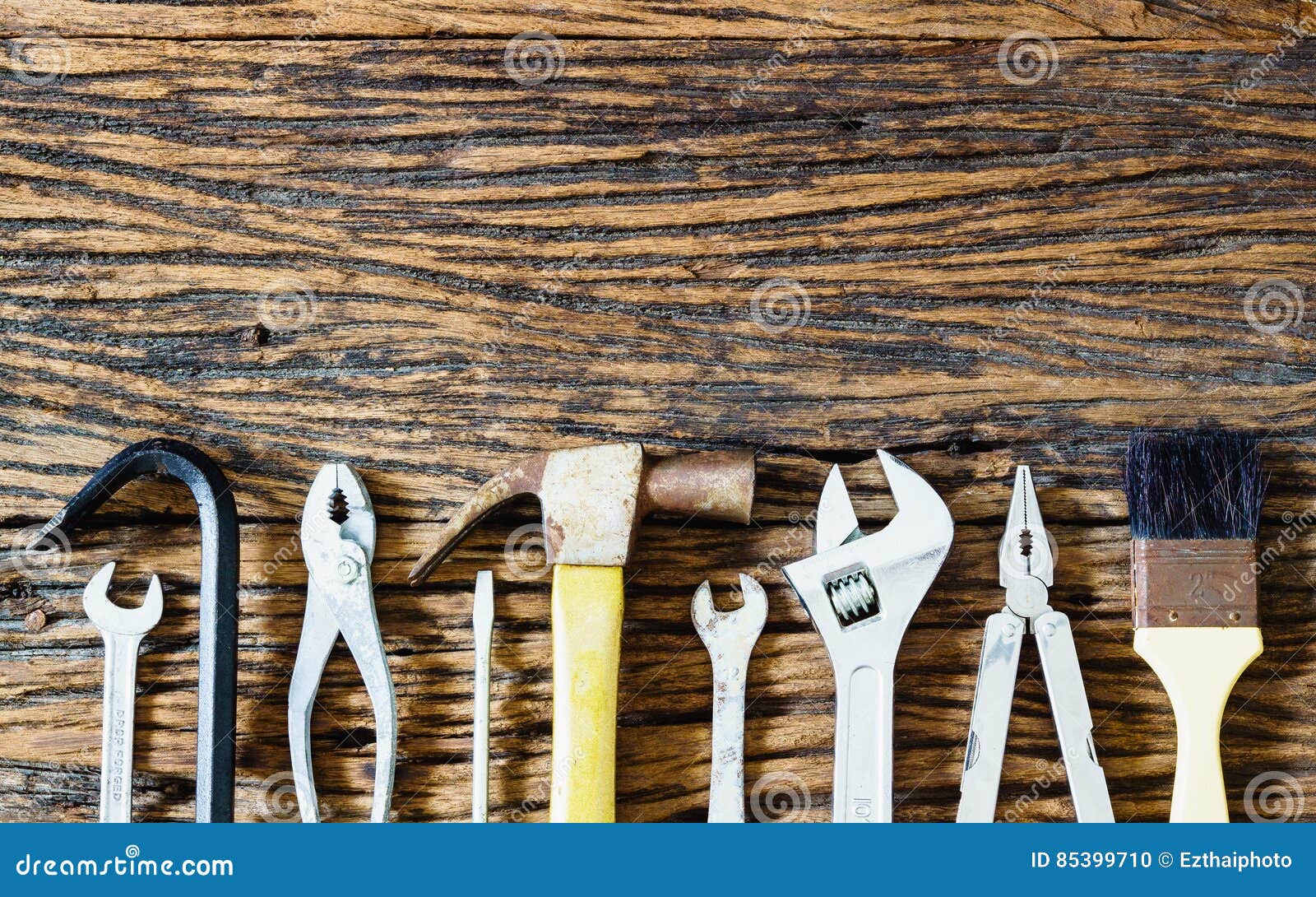 Handy Tools on Wood Background Stock Photo - Image of implement ...