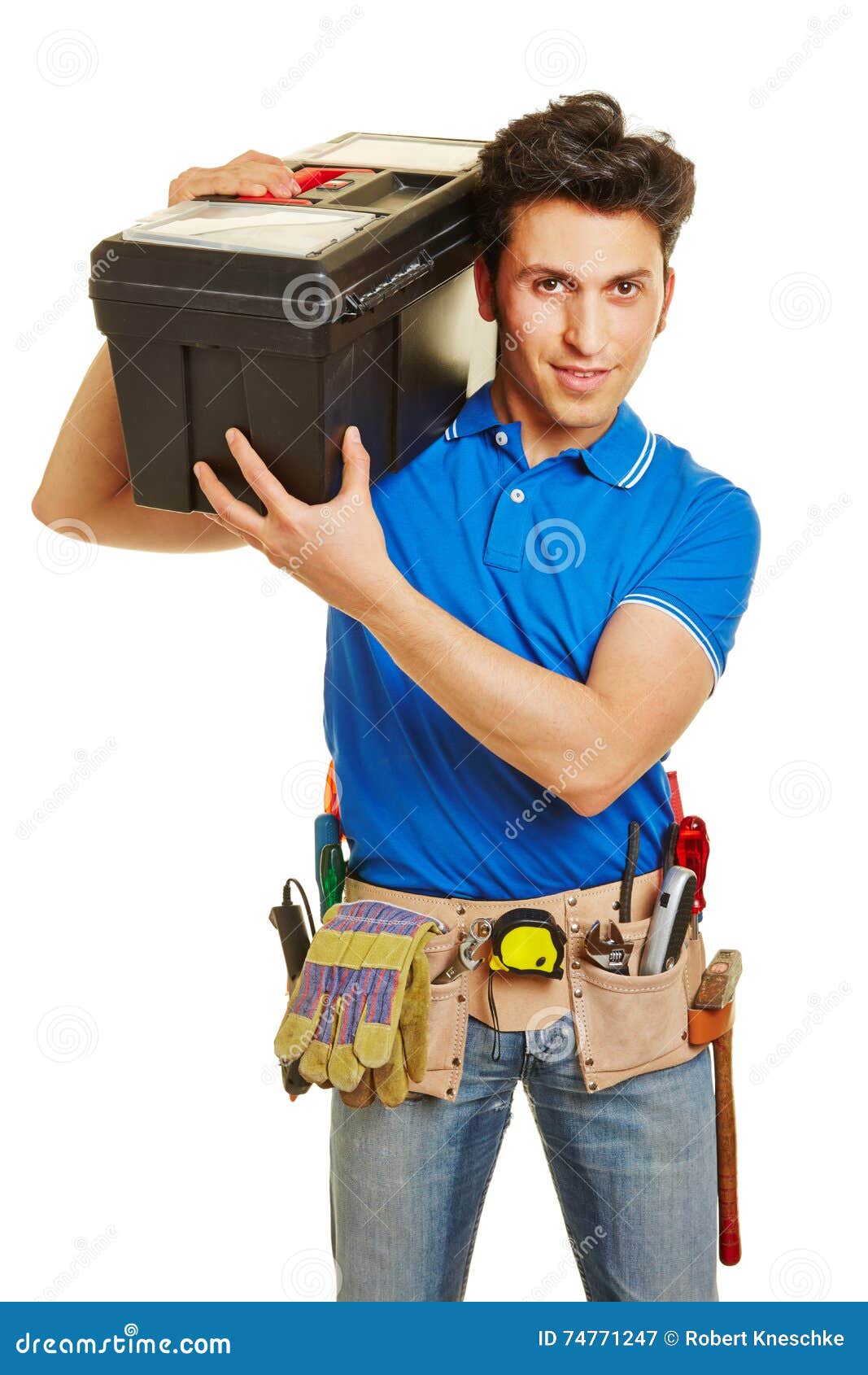 Handyman carrying toolbox stock image. Image of improvement - 74771247