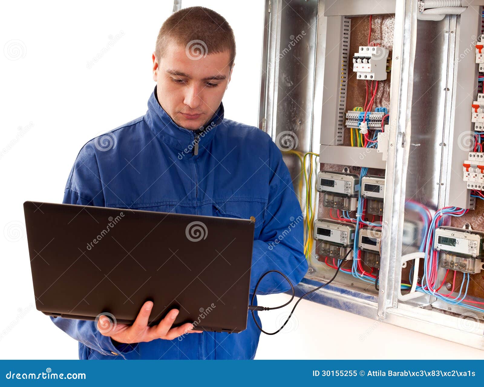 Electrician Working with Laptop Stock Image - Image of electric ...