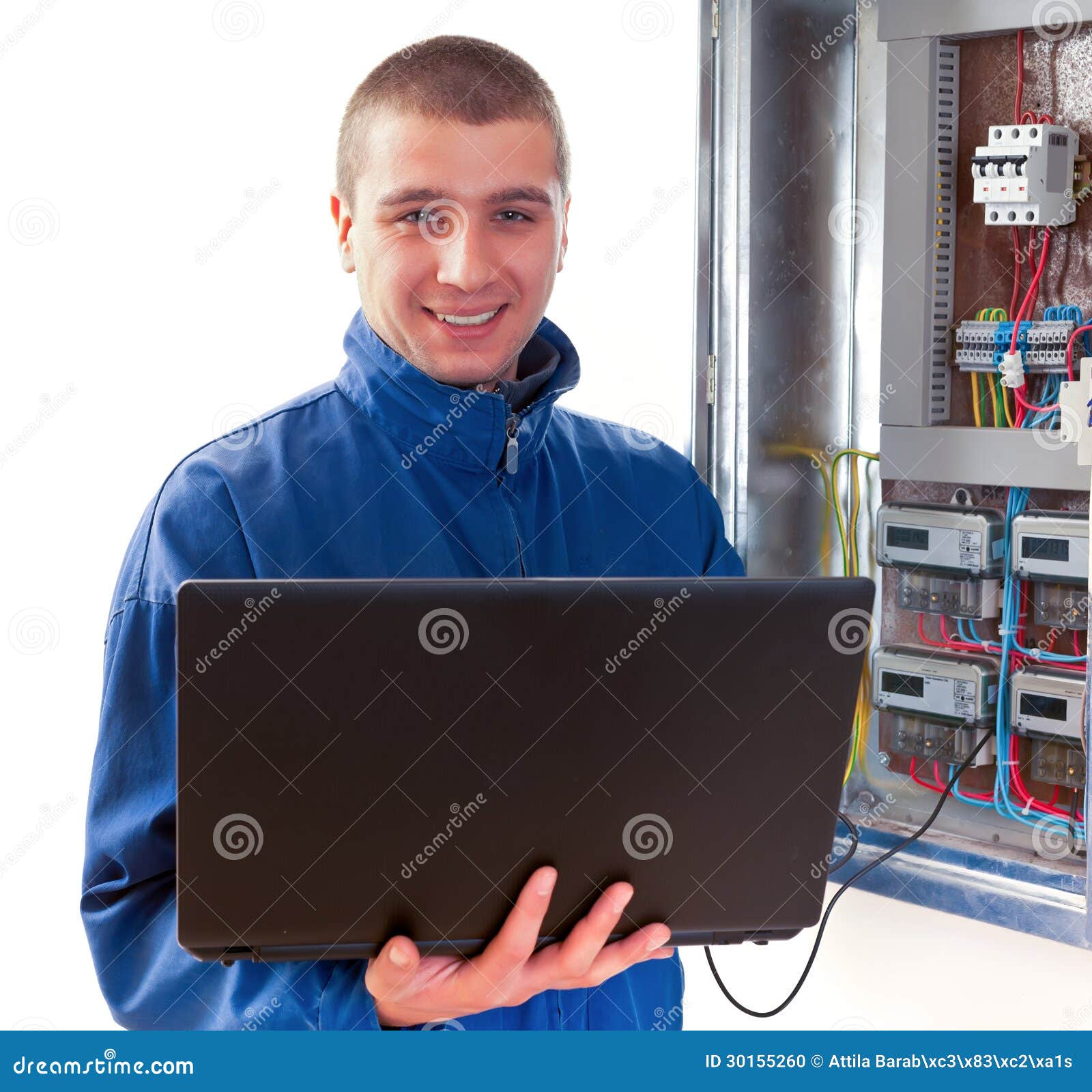 Handyman Working with Laptop Stock Photo - Image of computer ...