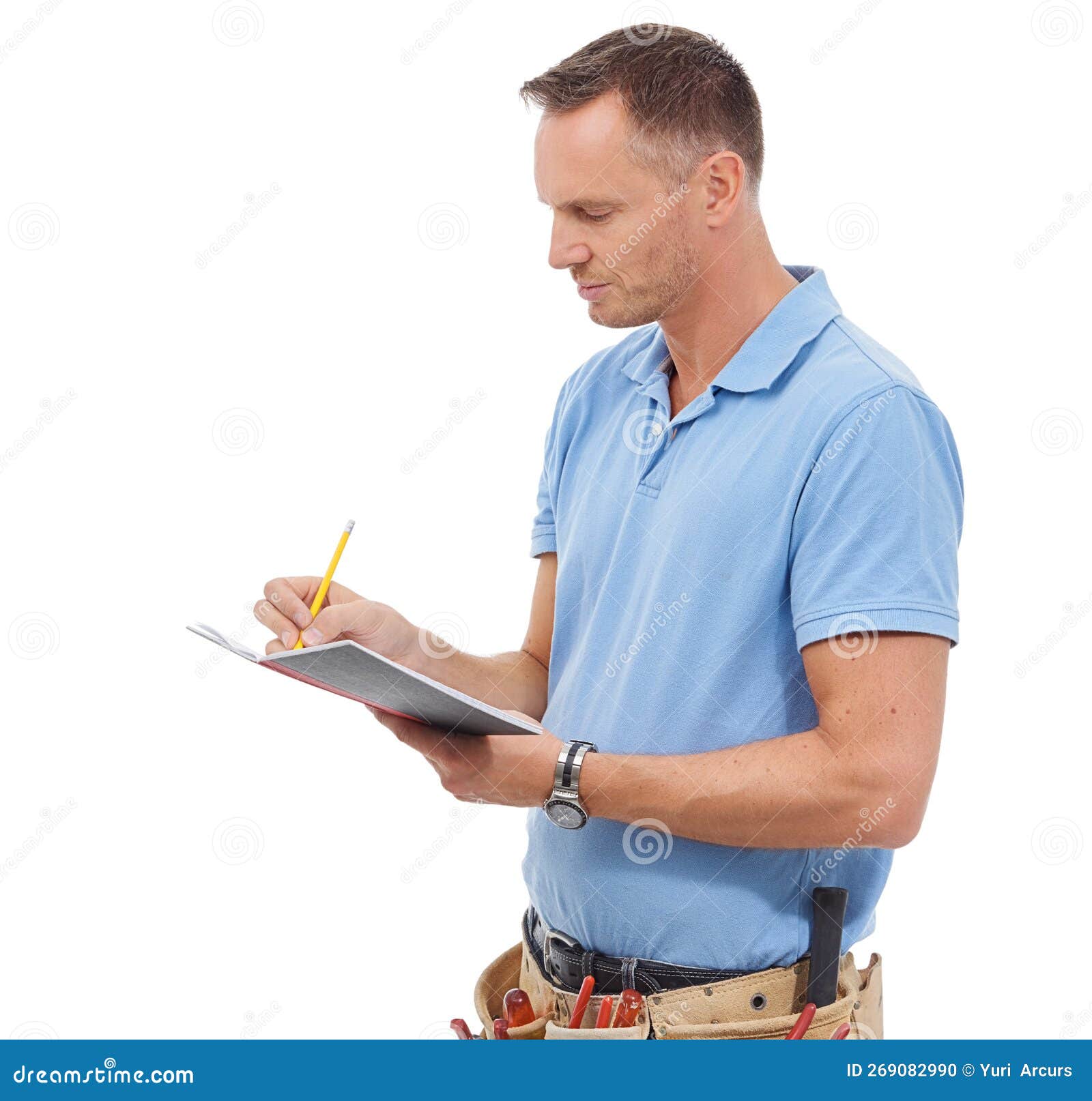 Handyman, Contractor or Man Writing Isolated on a White Background with ...