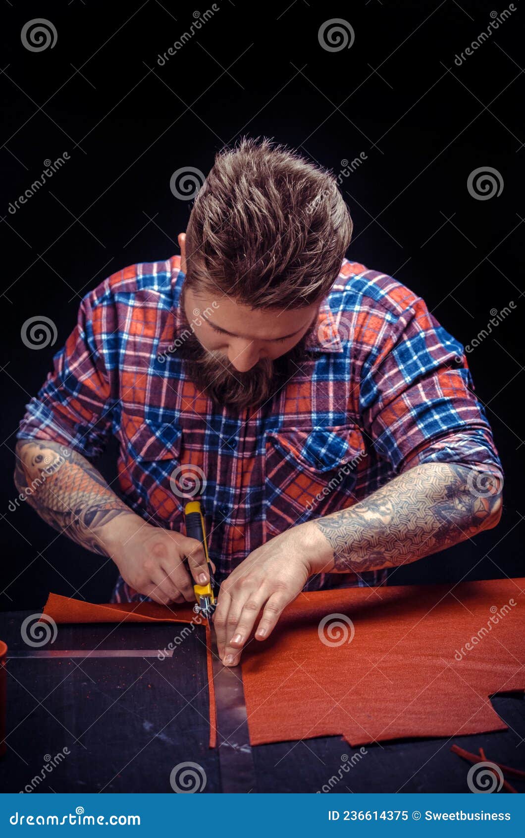 Tanner of Leather Processes a Workpiece from Leather Stock Image ...