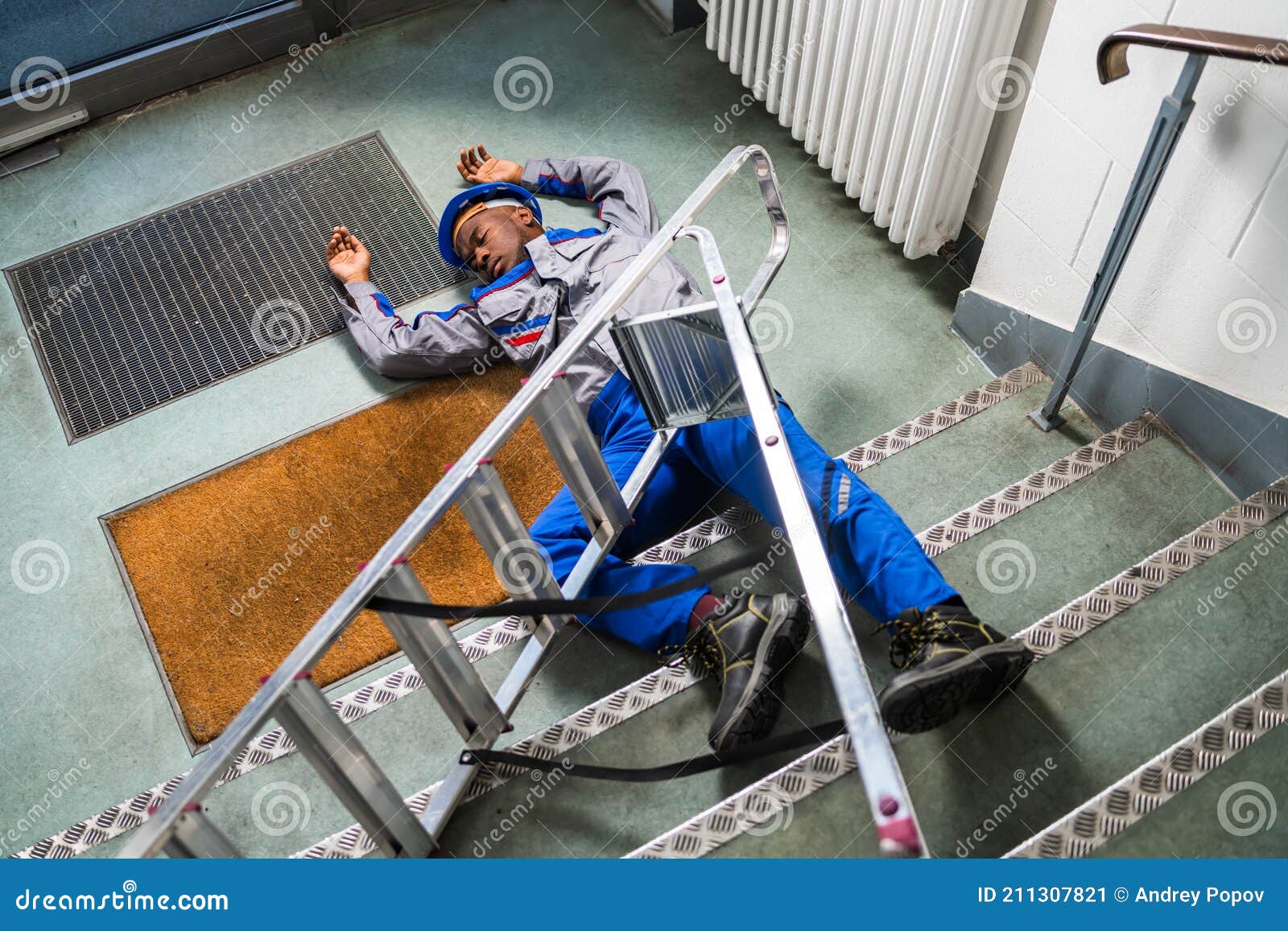 Handyman Fallen from Ladder Lying on Floor Stock Image - Image of ...