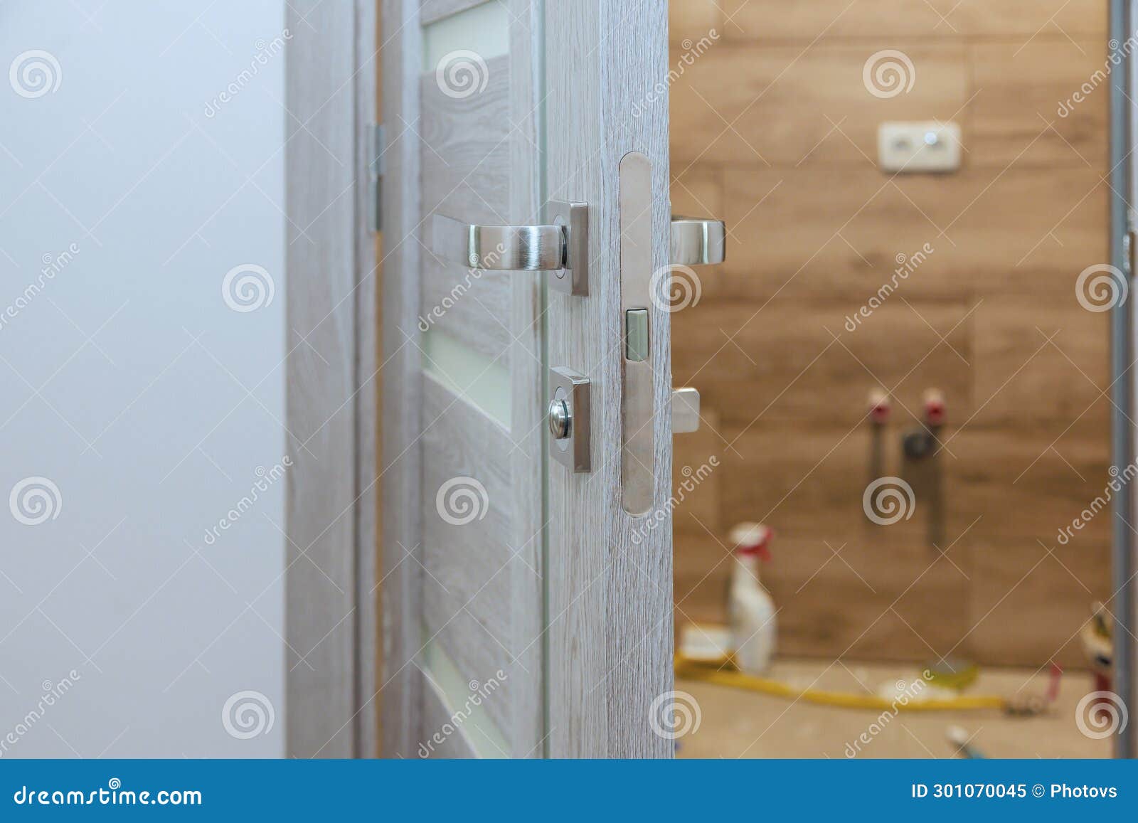 Handyman Installed Lock Handles at Wooden a Door Stock Image - Image of ...