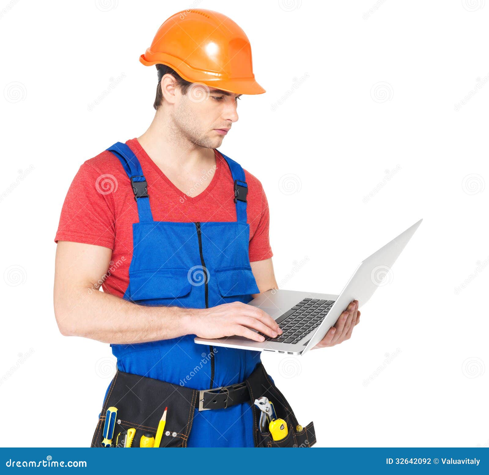 Handyman with Laptop Isolated on White Stock Photo - Image of hard ...