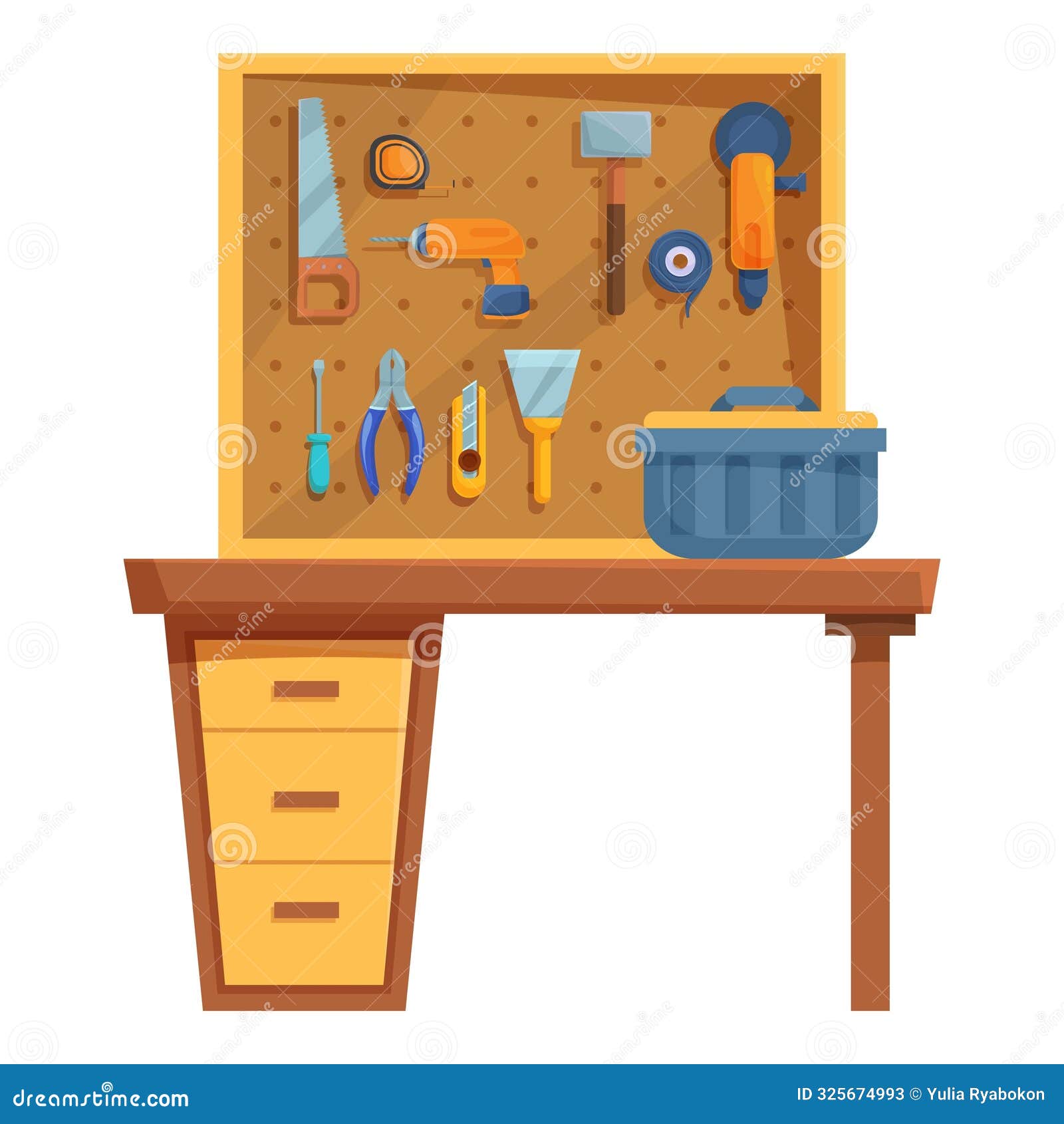Handyman Organizing Tools On Pegboard Above Workbench Cartoon Vector ...