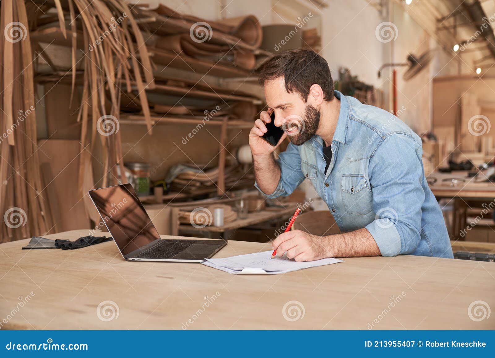 Handyman with Phone and Laptop Computer Stock Image - Image of ...