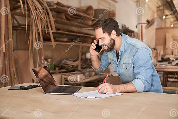 Handyman with Phone and Laptop Computer Stock Image - Image of ...