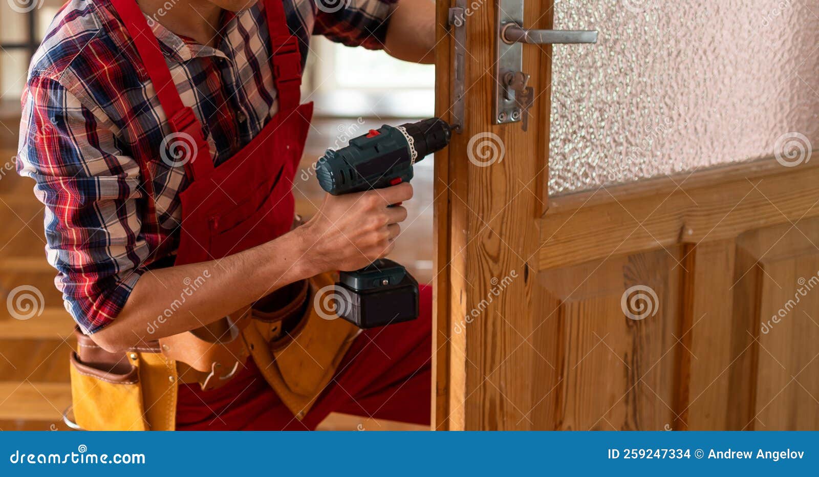 Handyman Repair the Door in the Room Stock Photo - Image of person ...