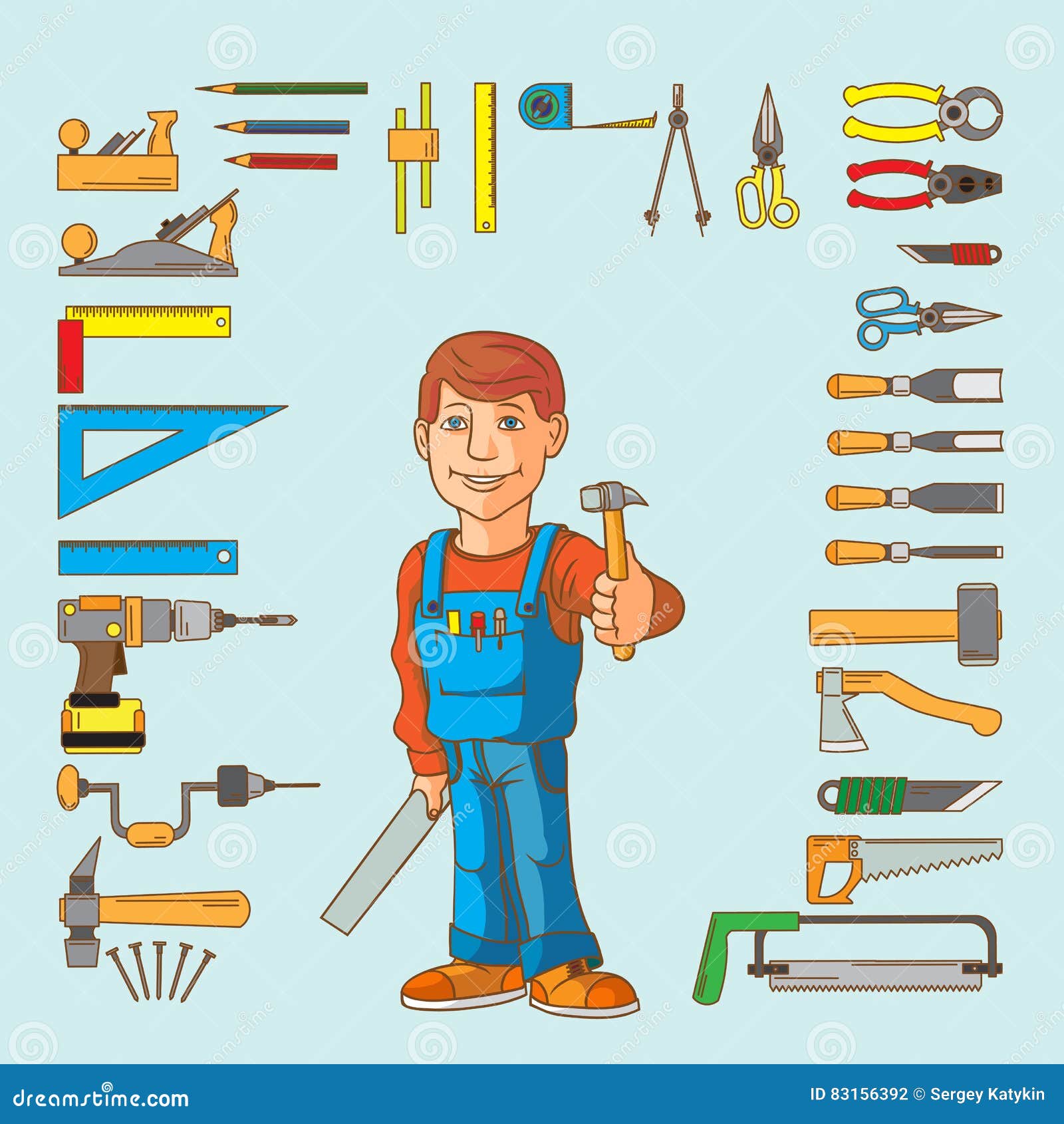 Handyman and Set of Hand Tools for Productive Work. Stock Vector ...