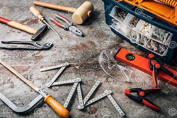 Handyman Tool Kit with Assorted Tools, Goggles Stock Image - Image of ...