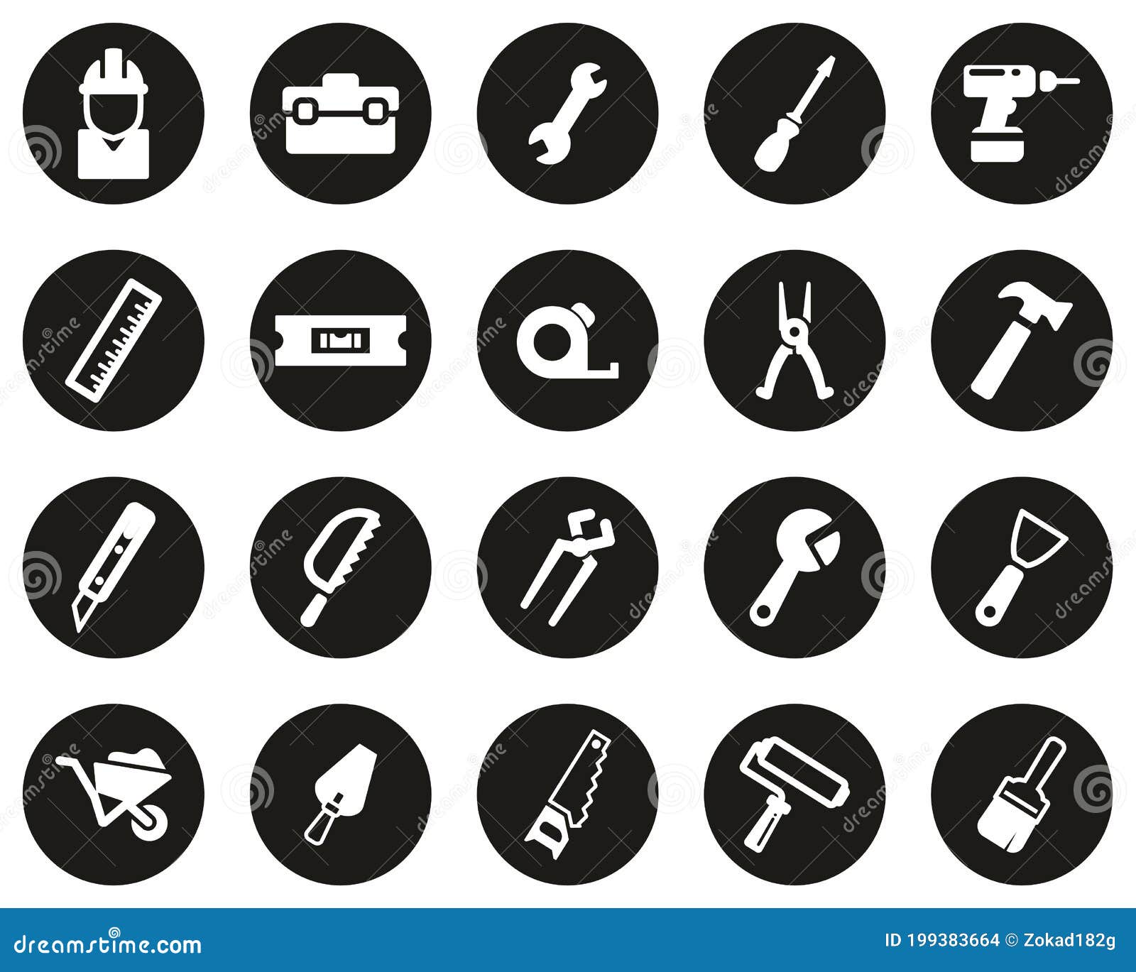 Handyman Tools & Equipment Icons White on Black Flat Design Circle Set ...