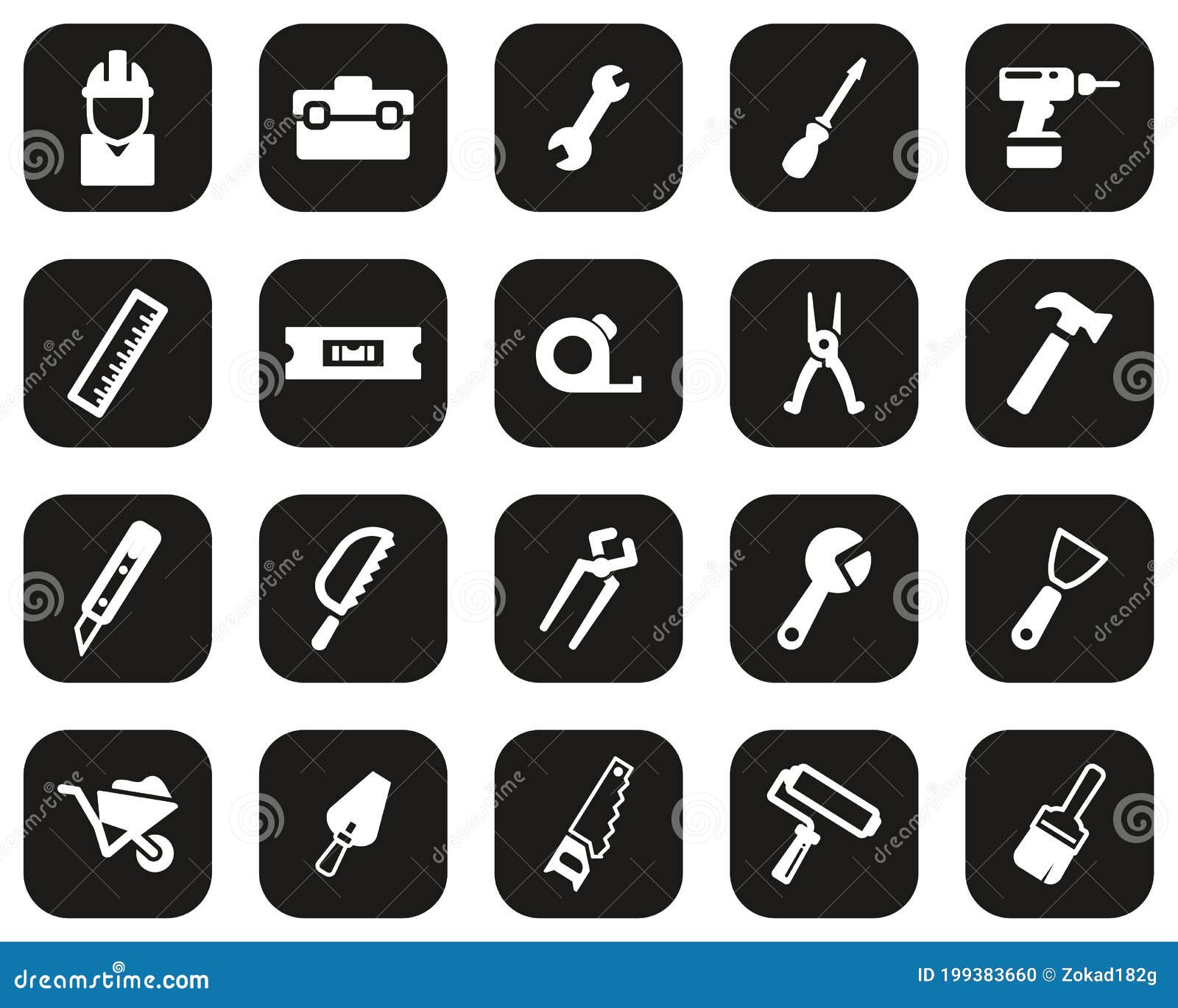 Handyman Tools & Equipment Icons White on Black Flat Design Set Big ...