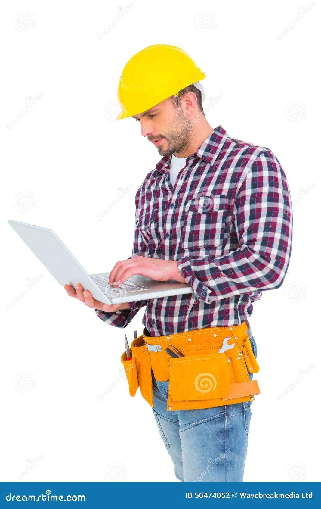 Handyman using laptop stock photo. Image of holding, maintenance - 50474052