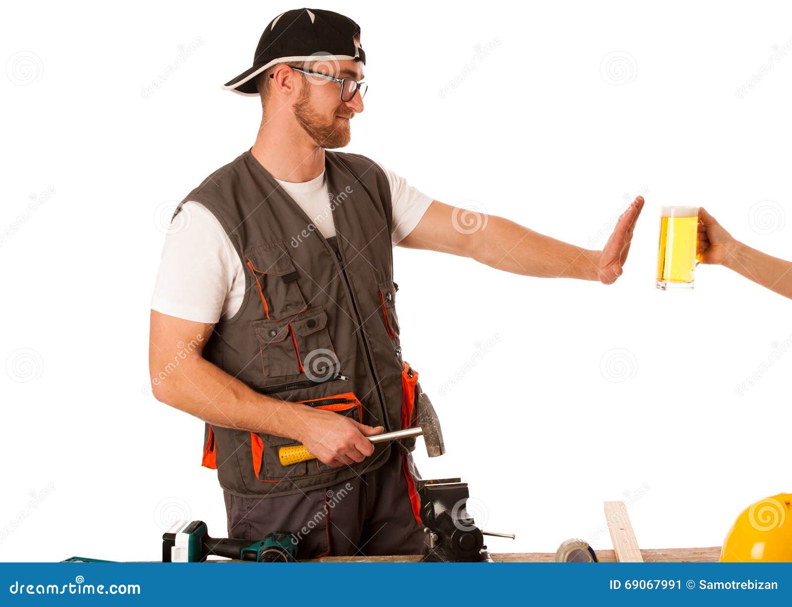 Handyman in Work Clothing Refusing Beer, Don T Drink on Workplac Stock ...