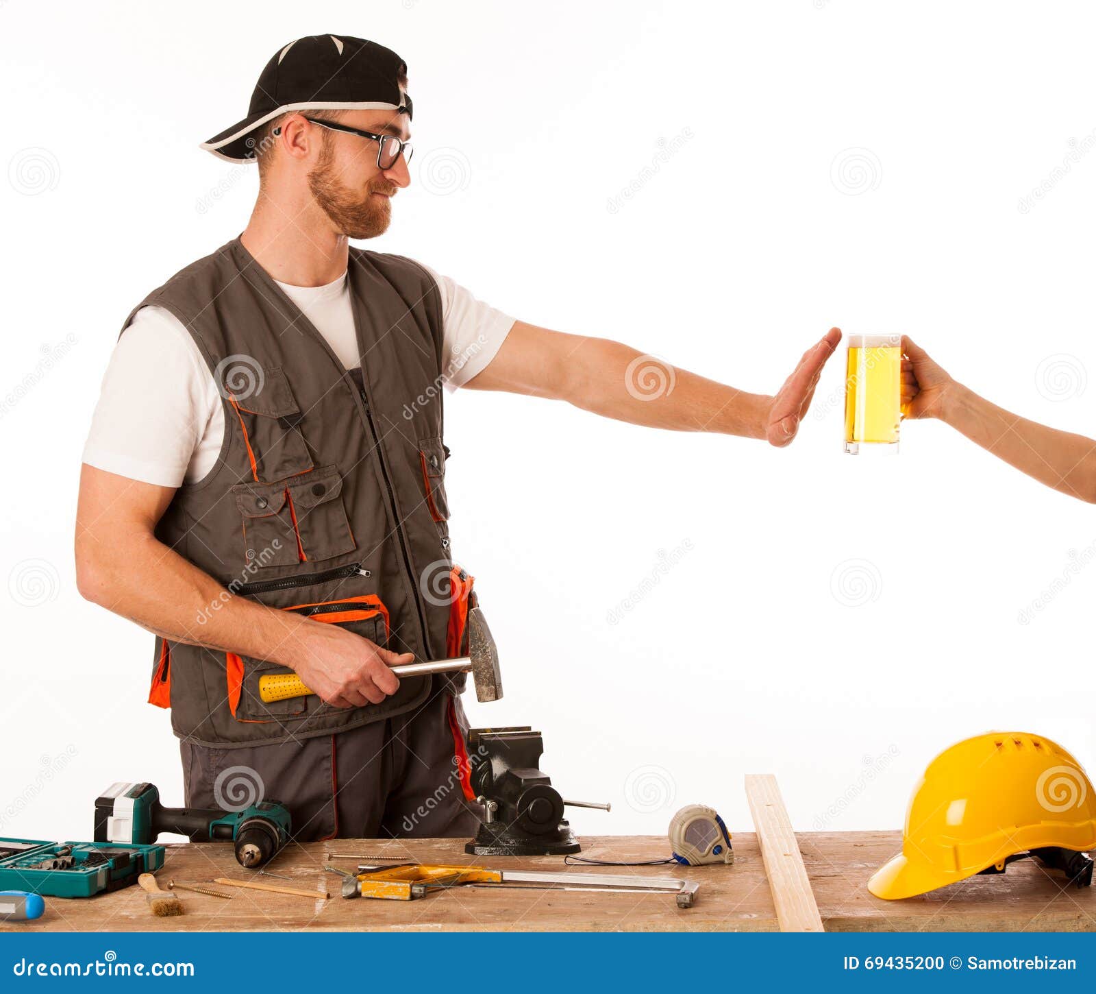 Handyman in Work Clothing Refusing Beer, Don T Drink on Workplac Stock ...