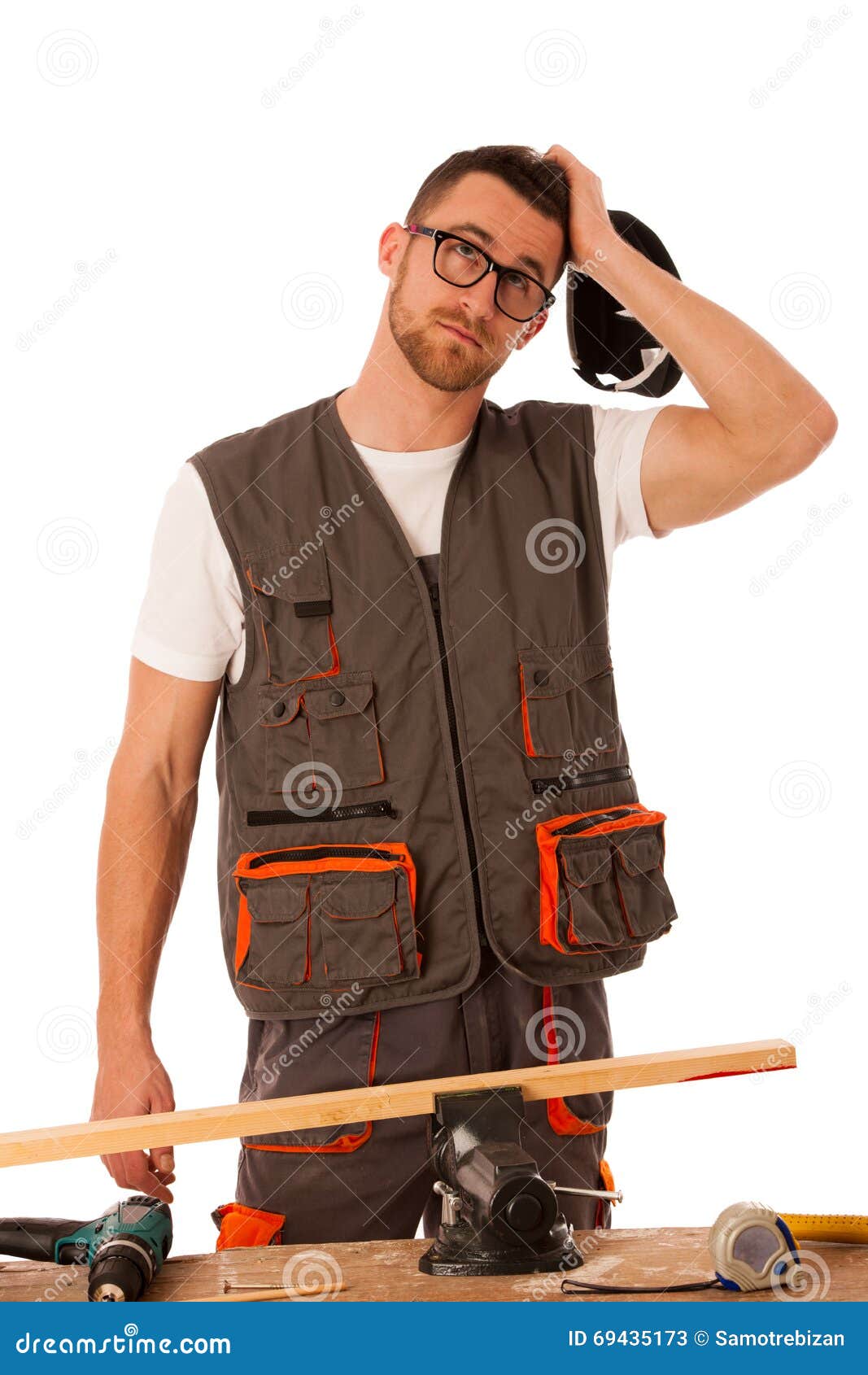 Handyman Thinking About Blueprints At House Stock Photography ...